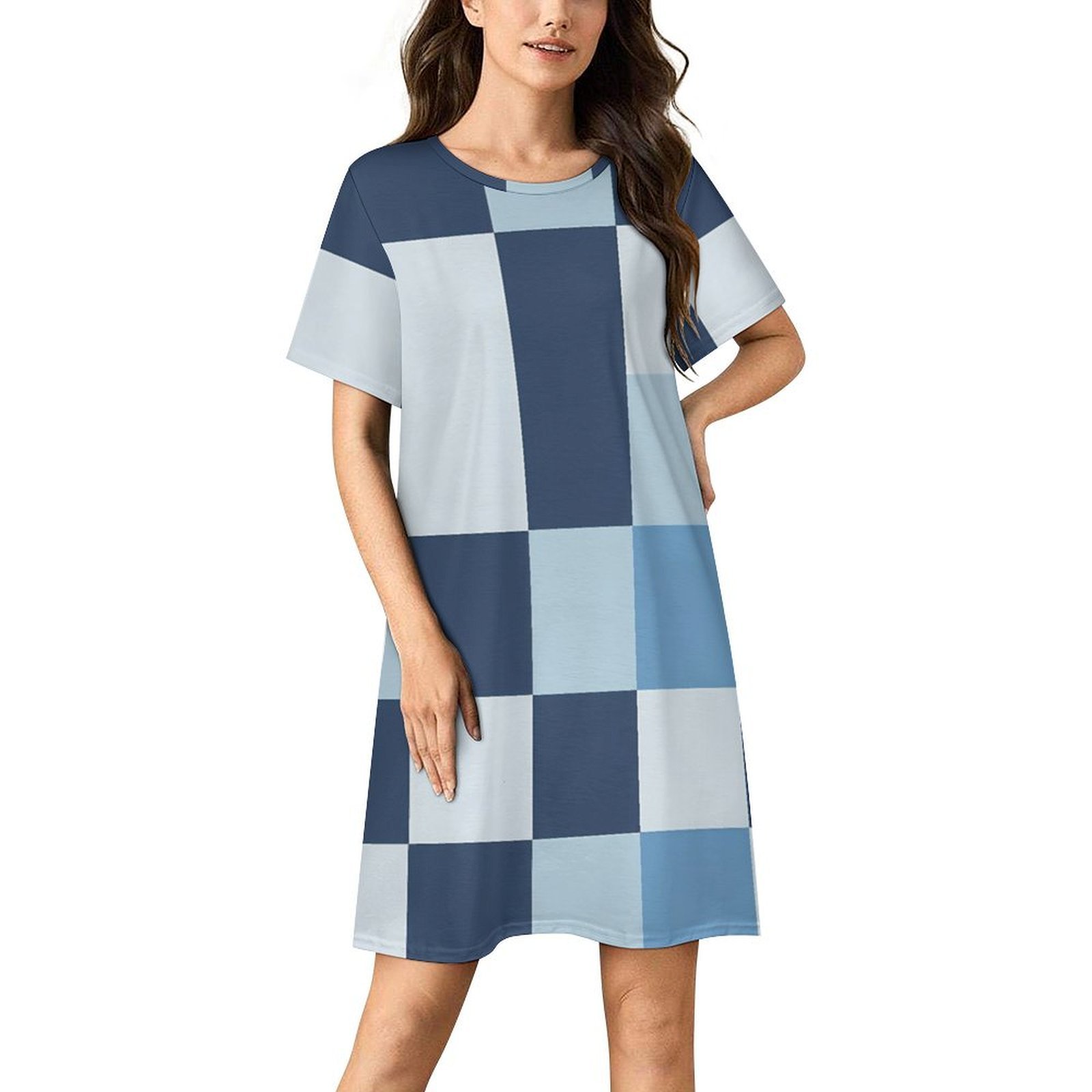 Blue Pixel Art Print Women Nightgown Sleepwear Short Sleeves For ...