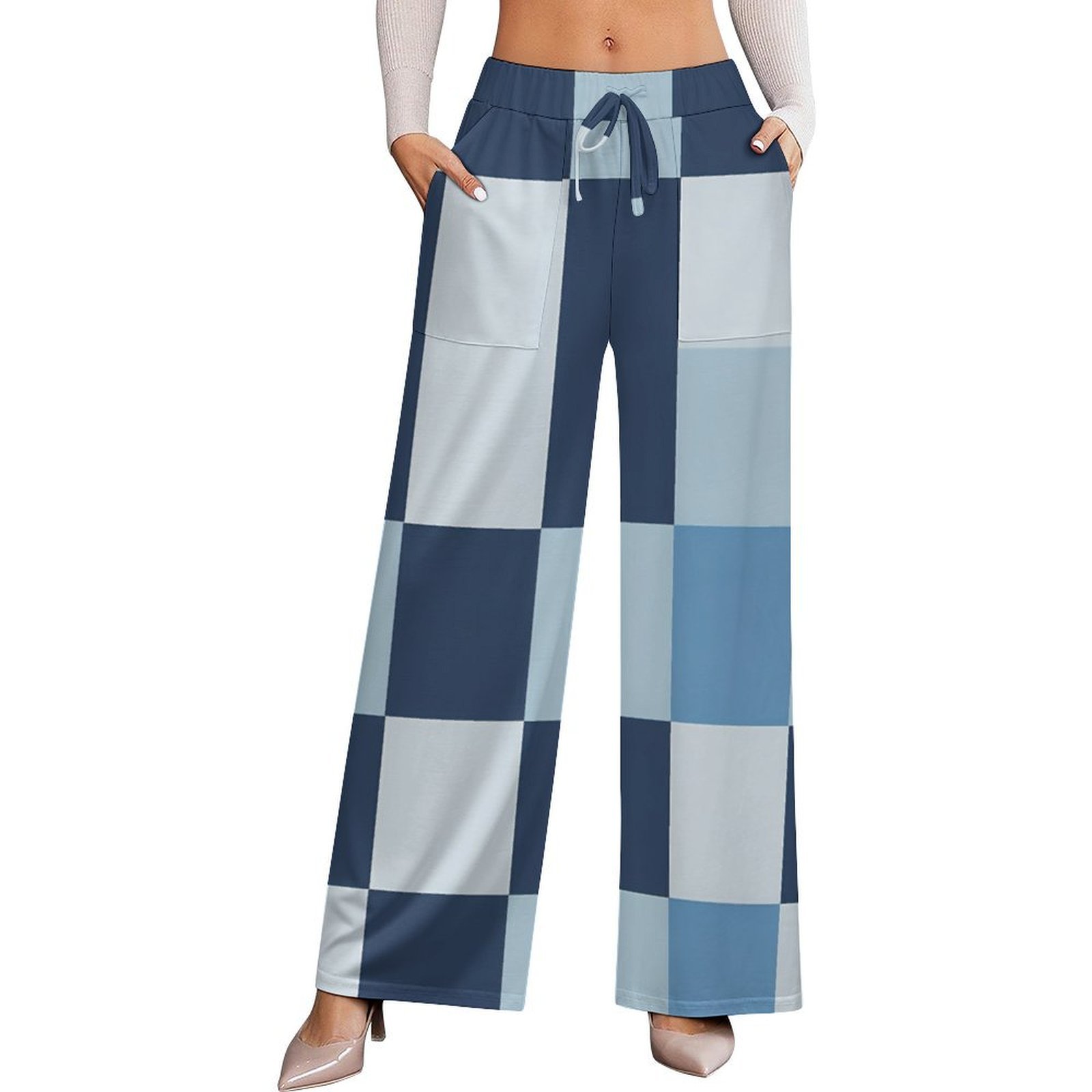 Blue Pixel Art Print Women's Casual Wide Leg Pants Comfort Pockets ...