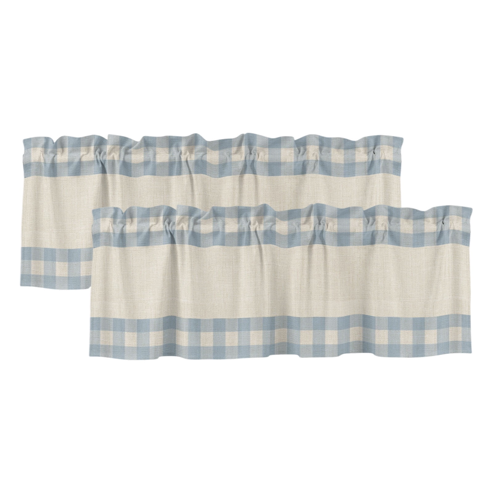 Blue Plaid 2 Panels Kitchen Valance, Retro Country Blue Plaid Linen ...