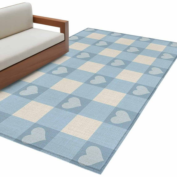 Blue Plaid 3'x5' Washable Rug, Country Cute Love Pastoral Heart Lattice ...