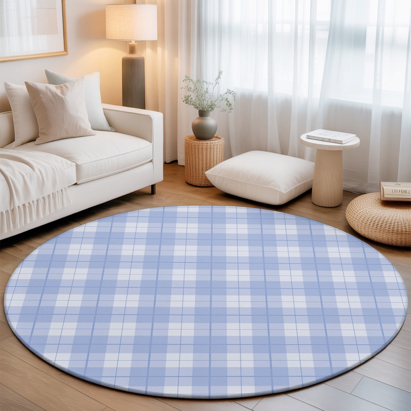 Blue Plaid 8' Round Rug for Open Concept Living Room Seating Zone ...
