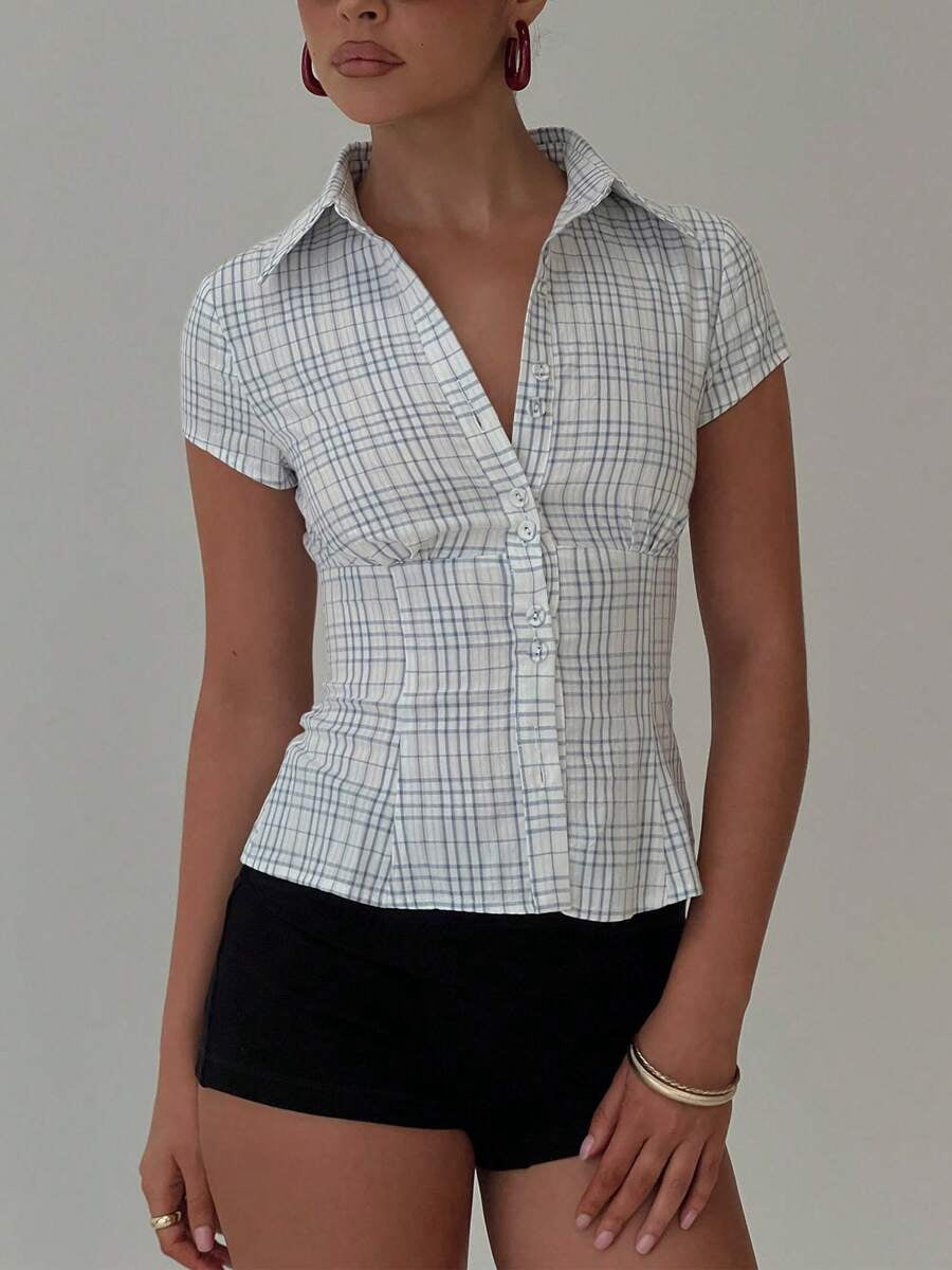 Blue Plaid Button-Up Short Sleeve Collared Peplum Fit Casual Summer ...