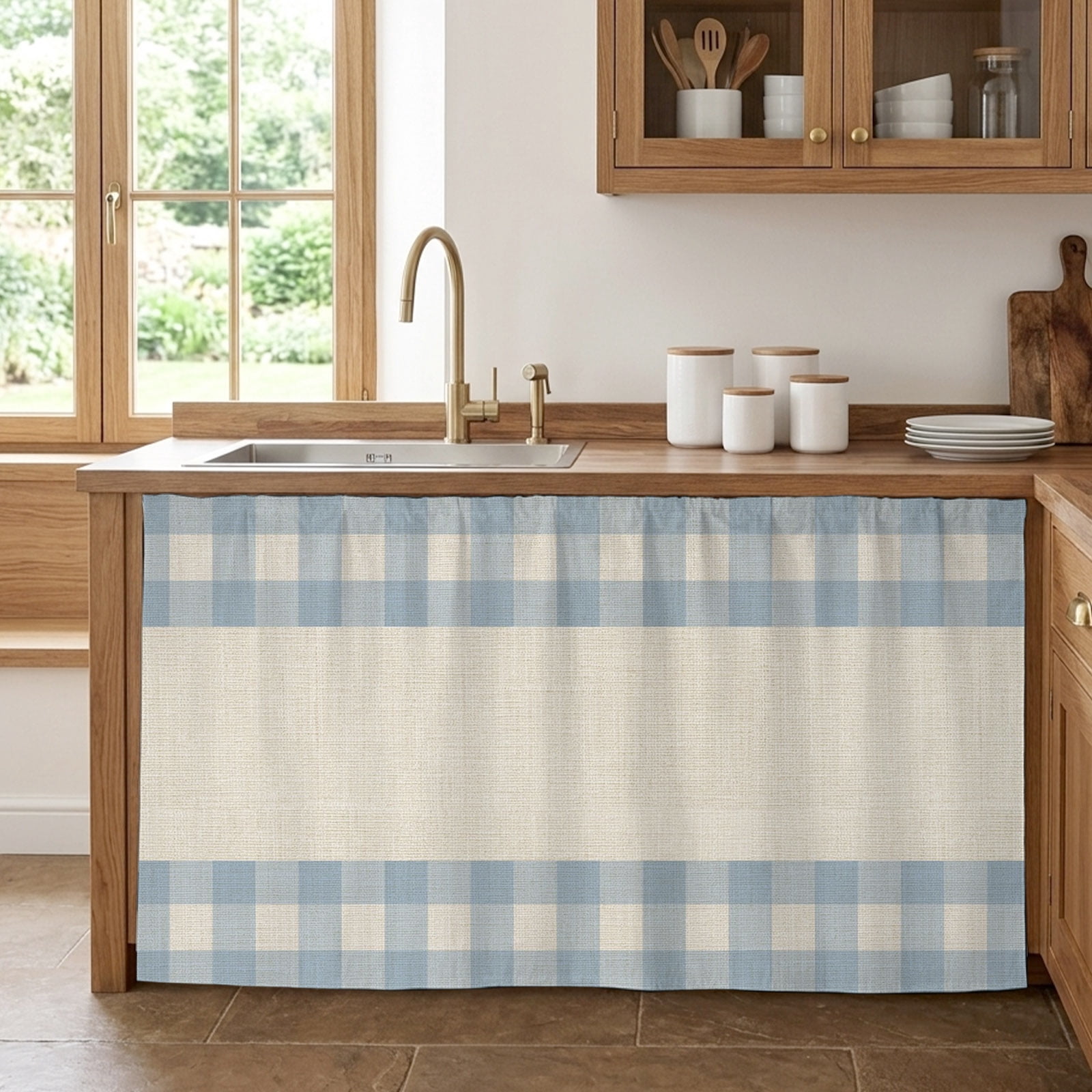 Blue Plaid Cabinet Curtains 28" W x 51" L, Retro Country Blue Plaid ...