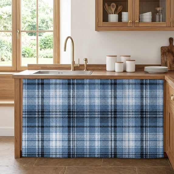 Blue Plaid Cabinet Curtains 32" W x 55" L, Rustic Farmhouse Under-Desk ...