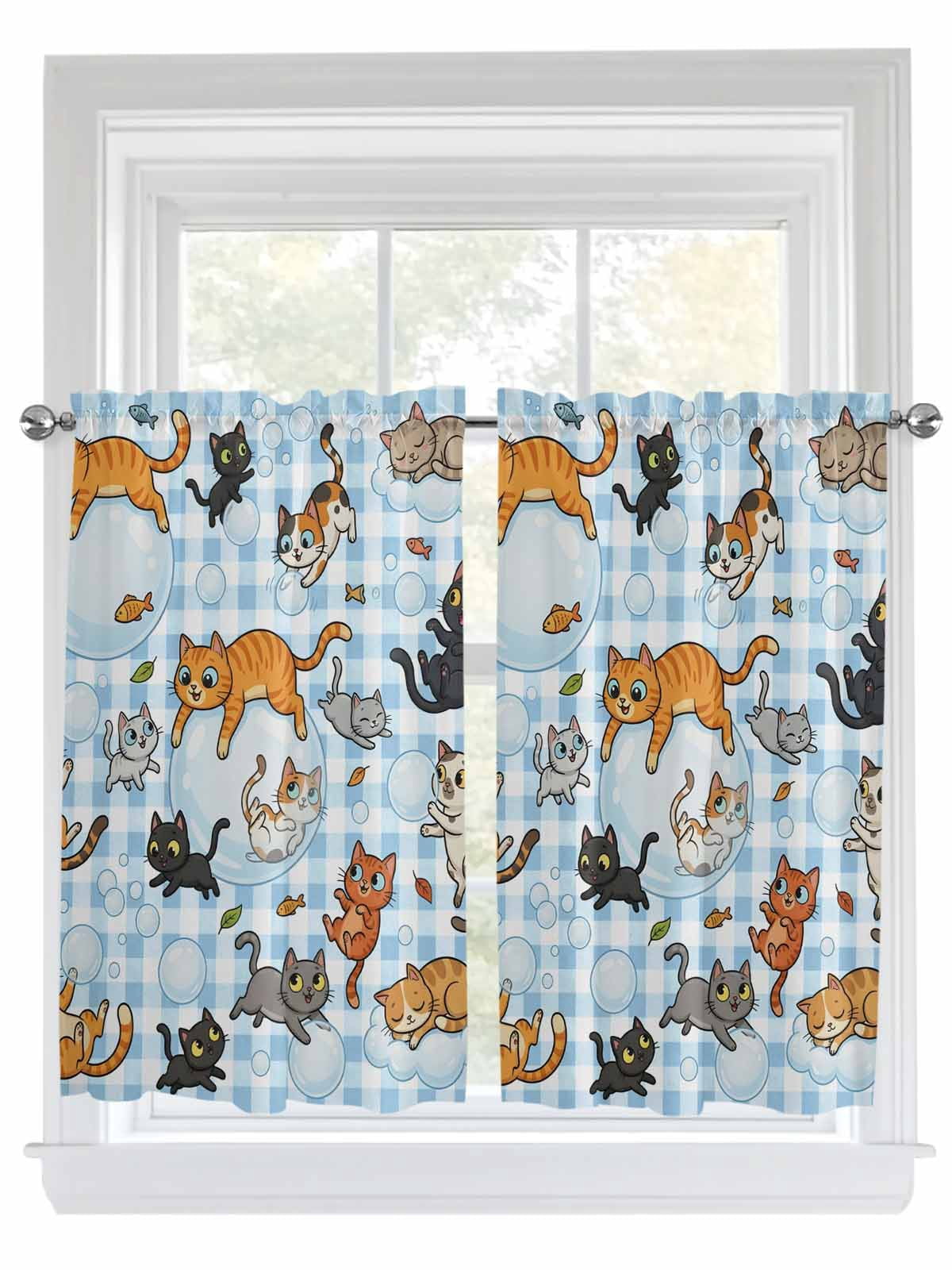 Blue Plaid Cat Kitchen Curtains 45 Inch Length, Funny Cute Fish Leaves ...