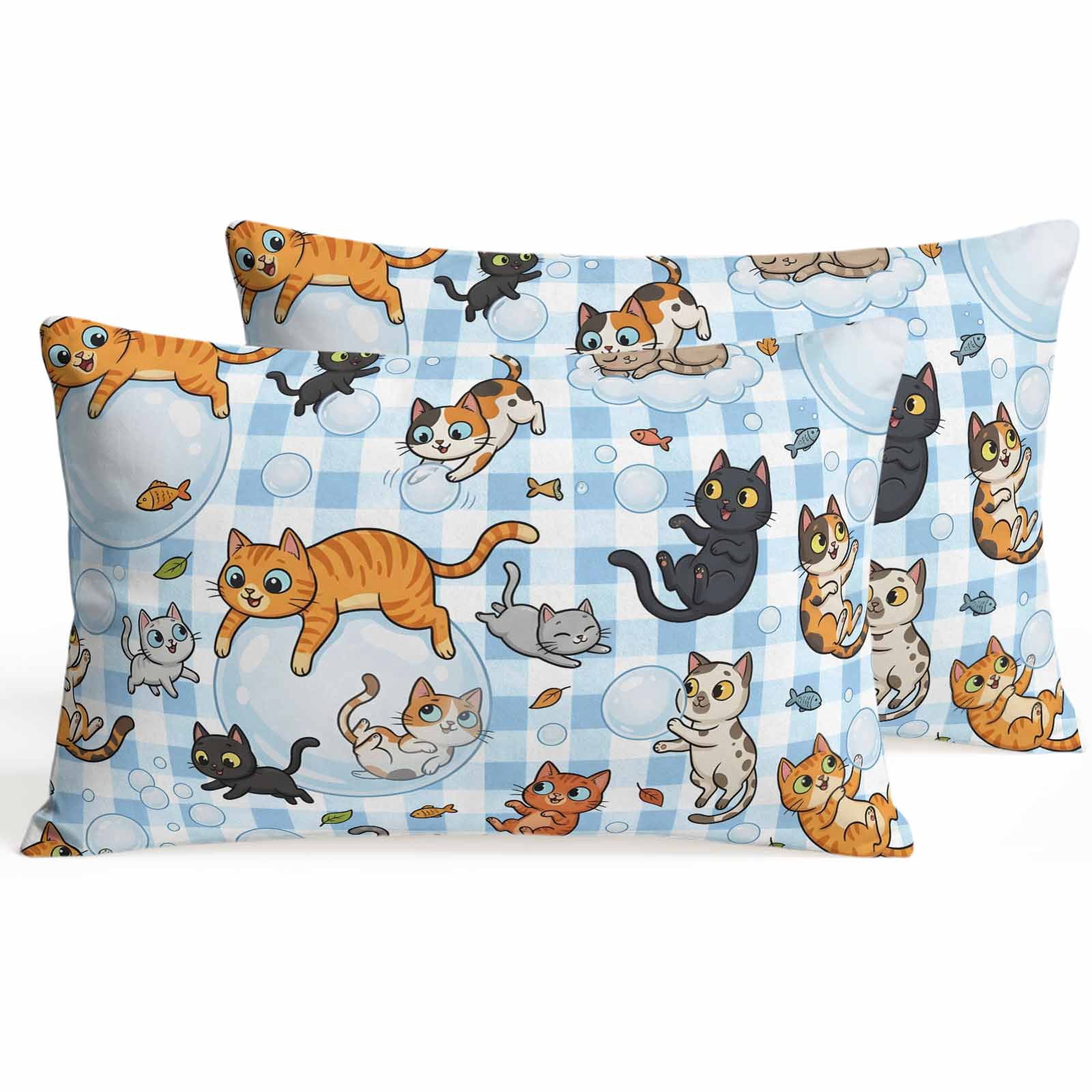 Blue Plaid Cat Lumbar Pillow Covers 12 x 20 Inch Pillow Covers Set of 2 ...