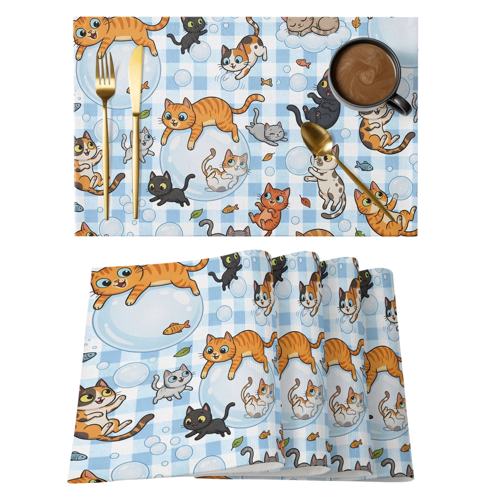 Blue Plaid Cat Placemats Set of 12 Funny Cute Fish Leaves Bubble Place ...
