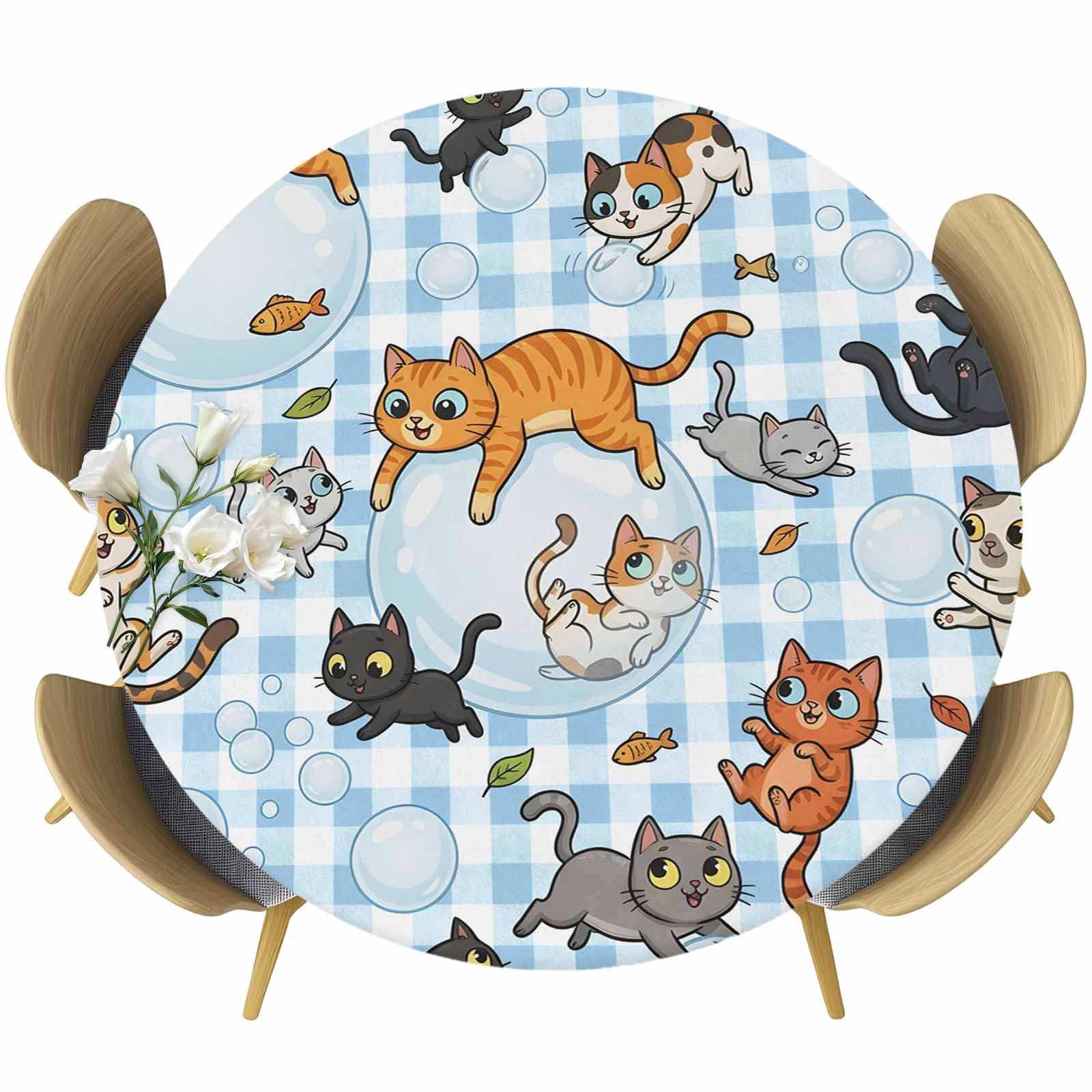Blue Plaid Cat Round Tablecloth 36-44 Inch Round Fitted Table Cloth ...