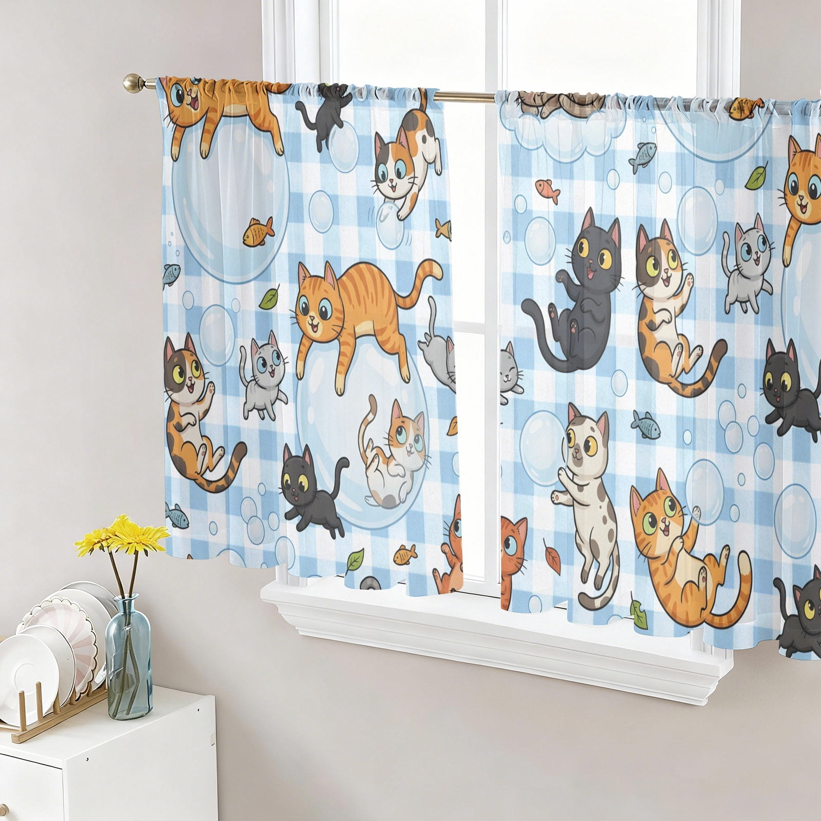 Blue Plaid Cat Sheer Curtains for Living Room Bedroom Funny Cute Fish ...