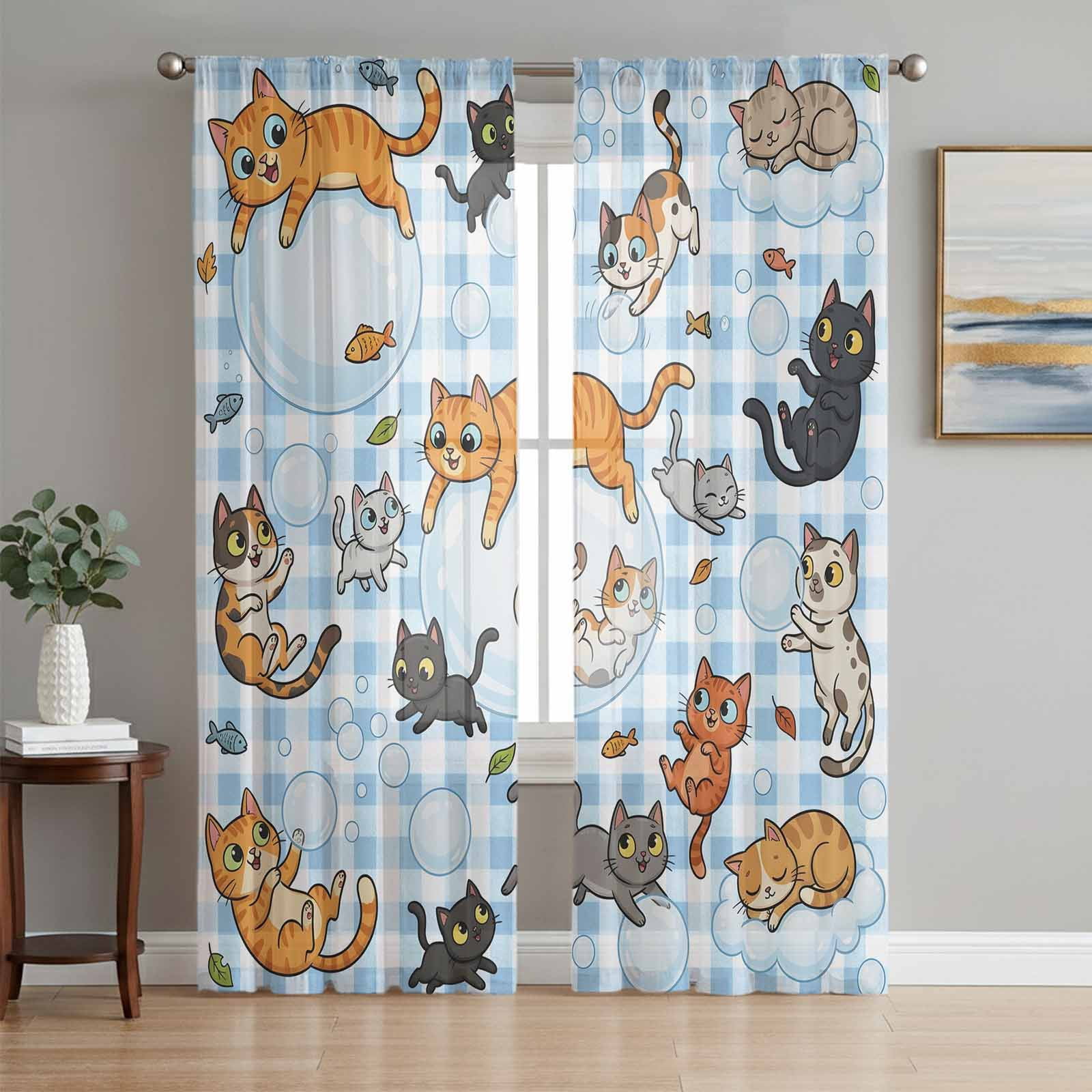 Blue Plaid Cat Sheer Curtains for Living Room Bedroom Funny Cute Fish ...
