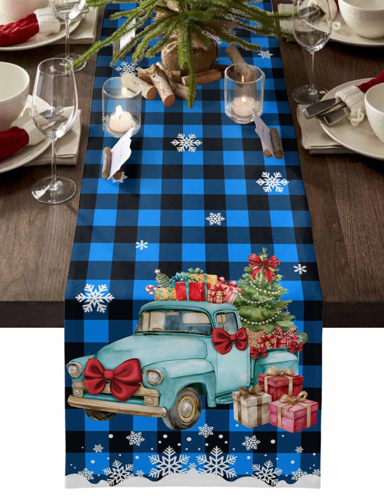 Blue Plaid Christmas Trucks Cotton Linen Table Runner for Dining ...