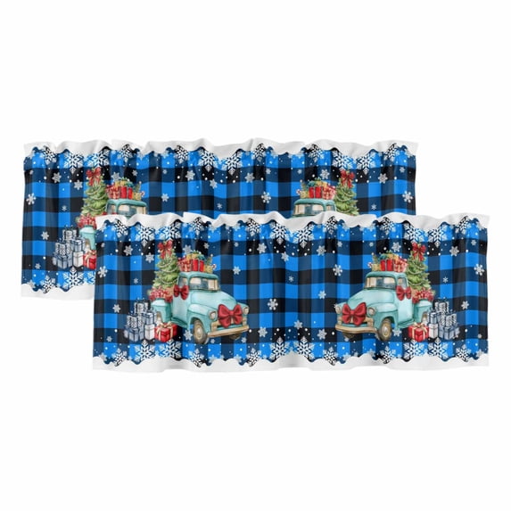 Blue Plaid Christmas Trucks Valances for Windows, Decorative Rod Pocket ...