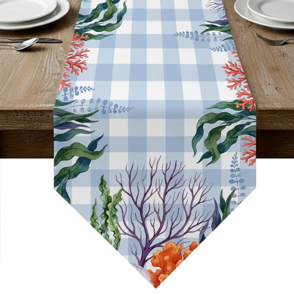Blue Plaid Coastal Table Runner Linen Burlap Table Runner 72 Inches ...