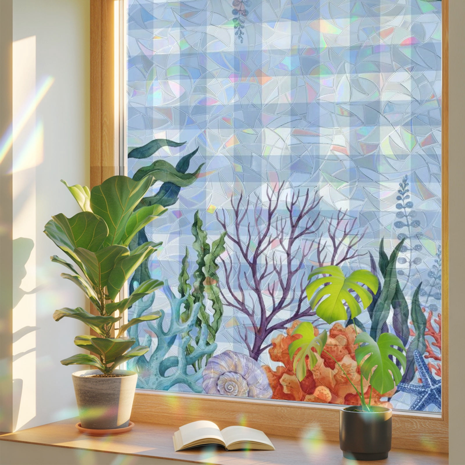 Blue Plaid Coastal Window Privacy Film Rainbow Static Cling Stain Glass ...