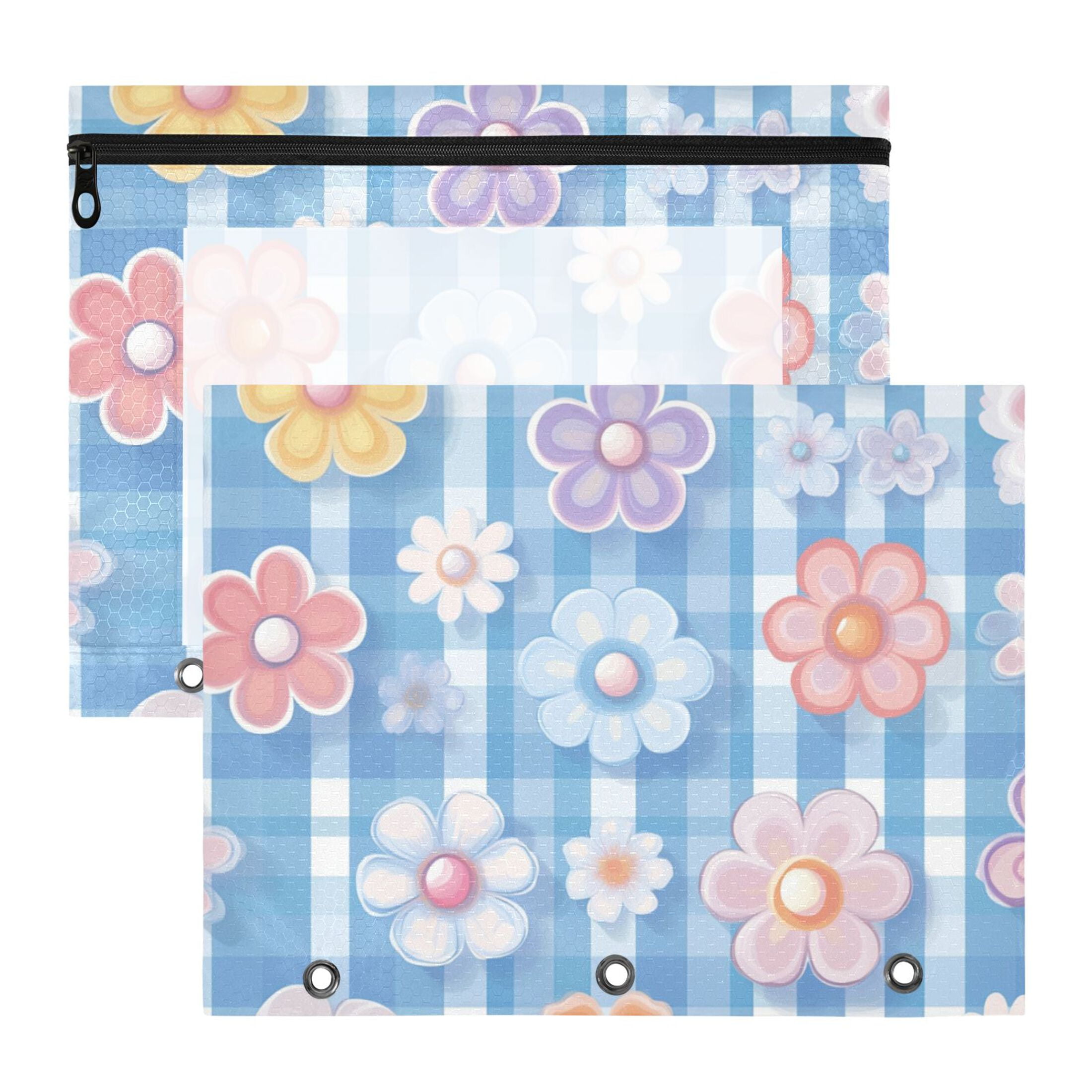 Blue Plaid Colorful Florals 3-Ring Binder Pouches A4 Size Zipper Pocket ...