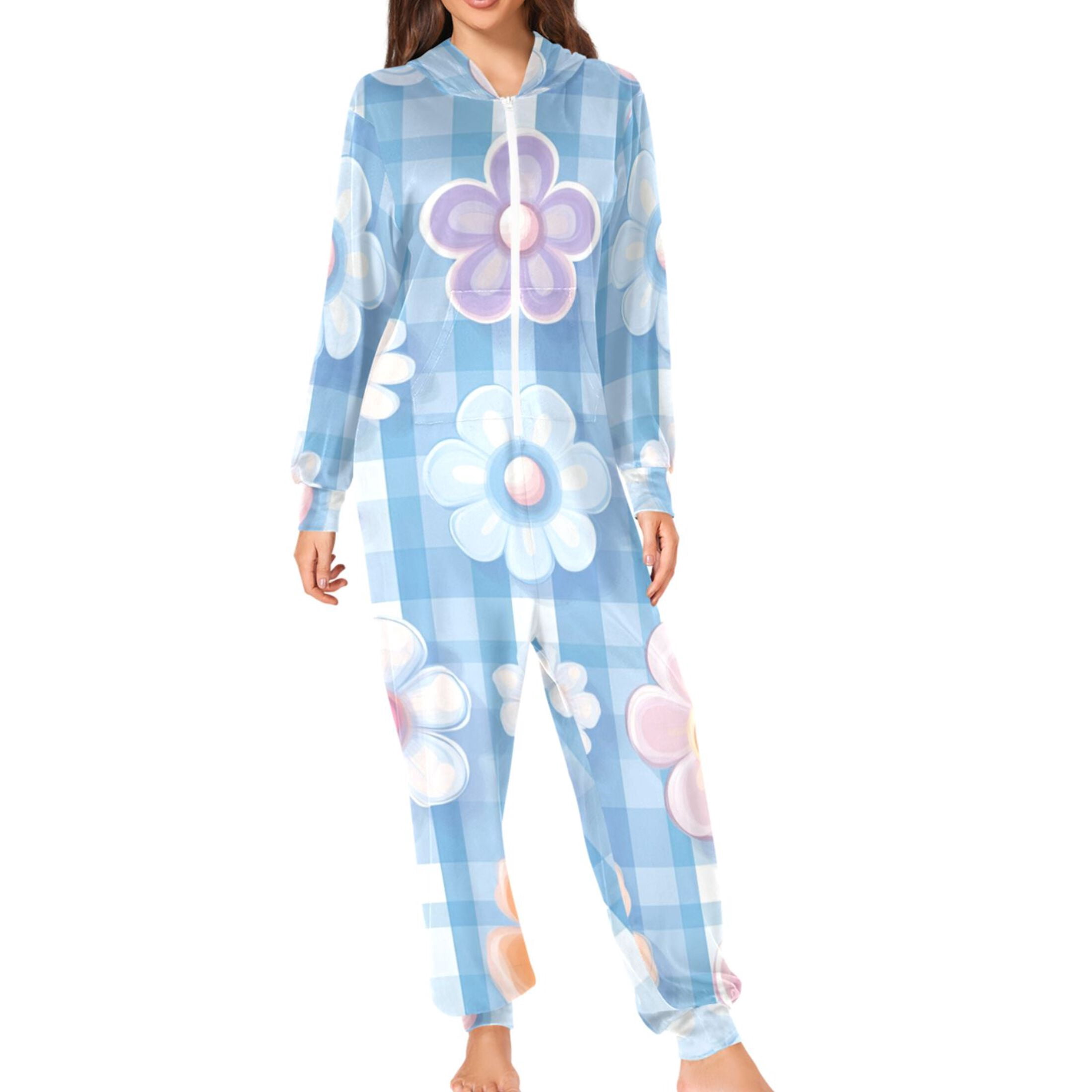 Blue Plaid Colorful Florals Adult's Hoodie Onesie Jumpsuit One-Piece ...