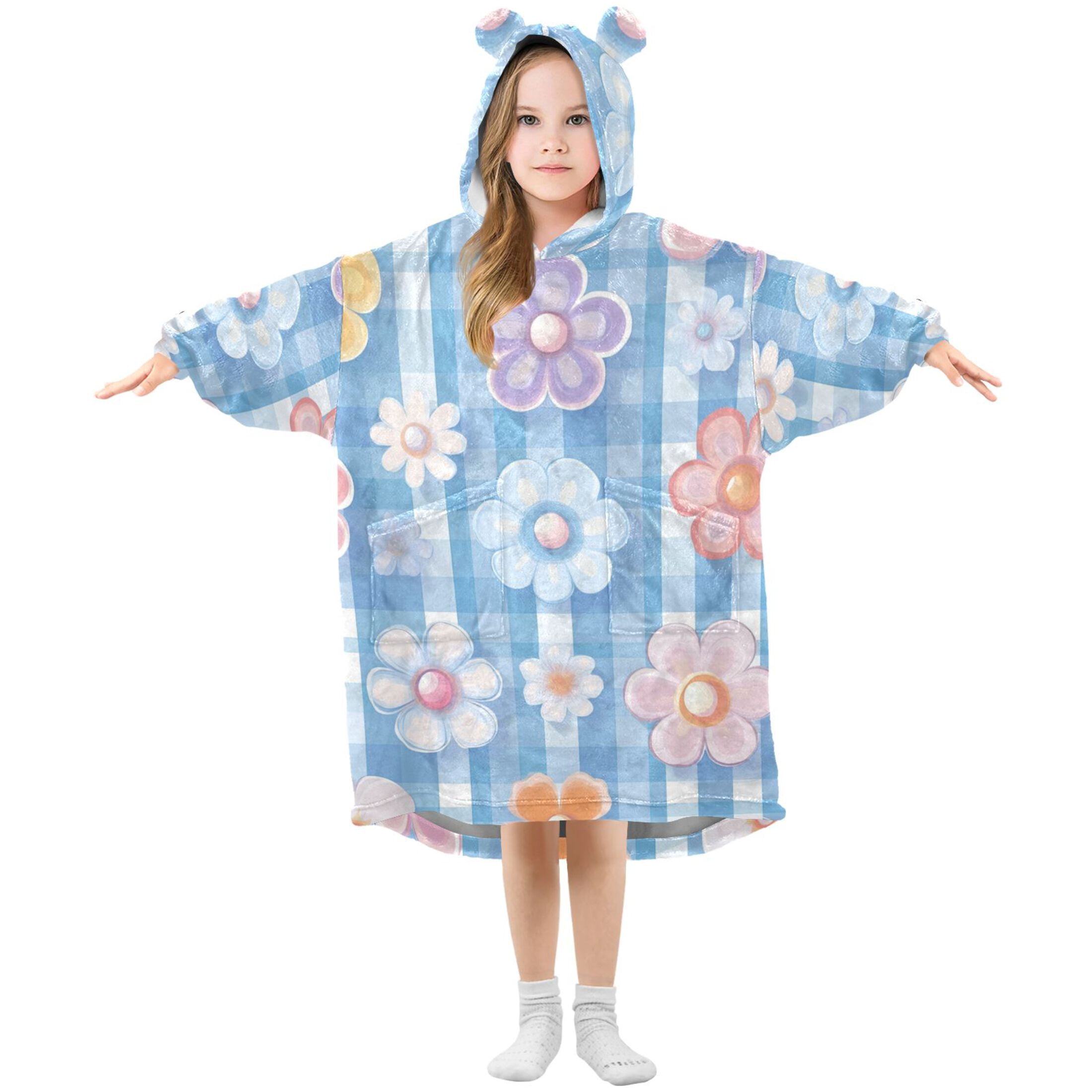 Blue Plaid Colorful Florals Flannel Wearable Blankets Hooded Design ...