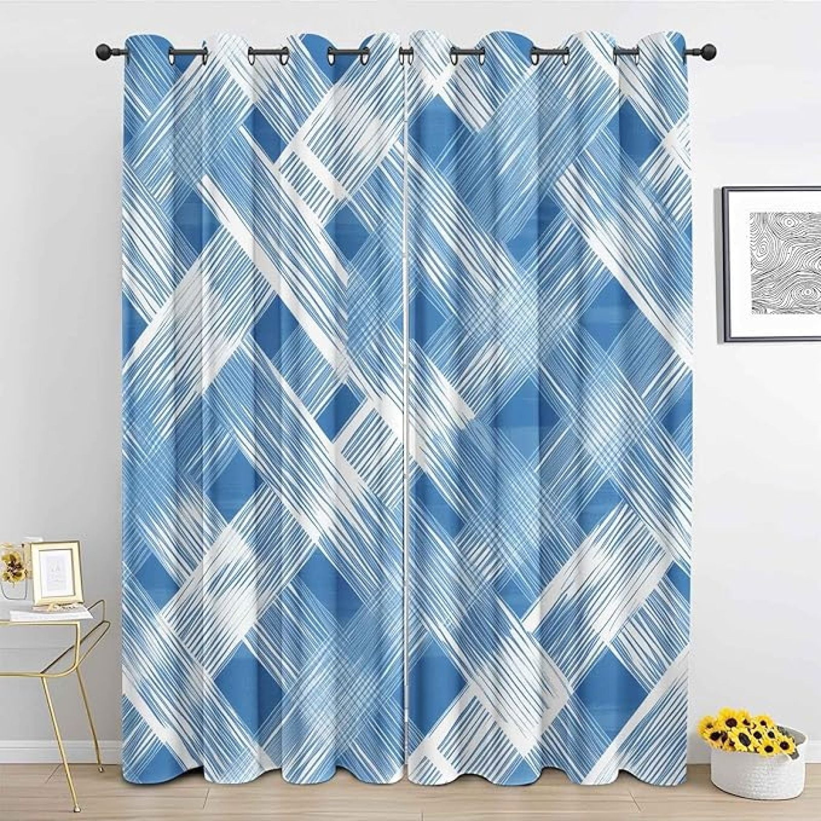 Blue Plaid Curtains, Geometric Blackout Curtains, Stripe Line Curtain ...