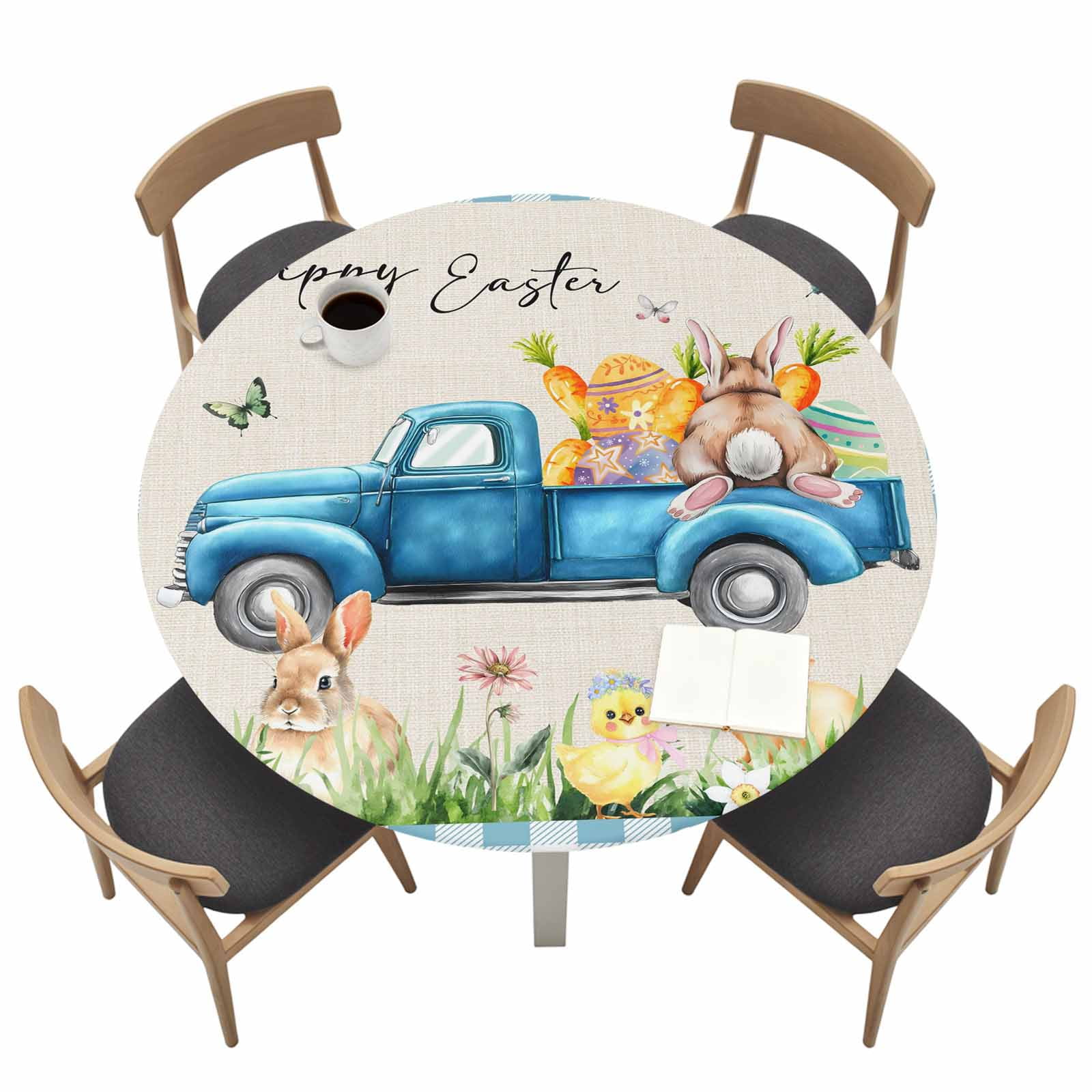 Blue Plaid Easter Fitted Tablecloth with Elastic Edged, Round Table ...