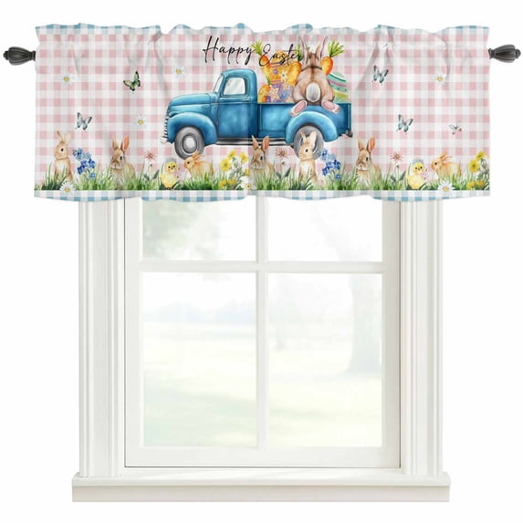Blue Plaid Easter Rod Pocket Curtain Valance, Truck Spring Floral Bunny Animals Farmhouse Window ...