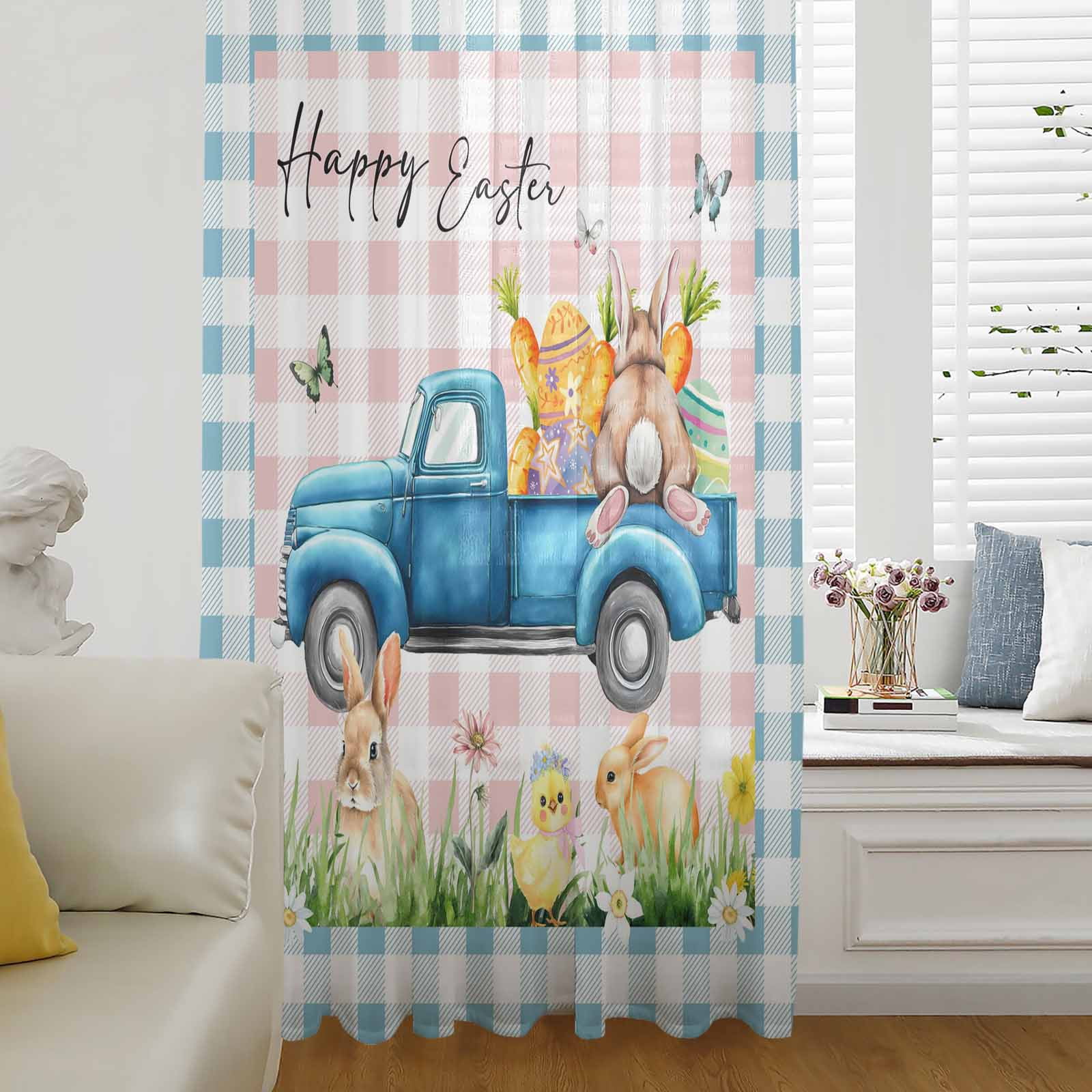 Blue Plaid Easter Semi Sheer Curtains Drapes for Living Room, Bedroom ...
