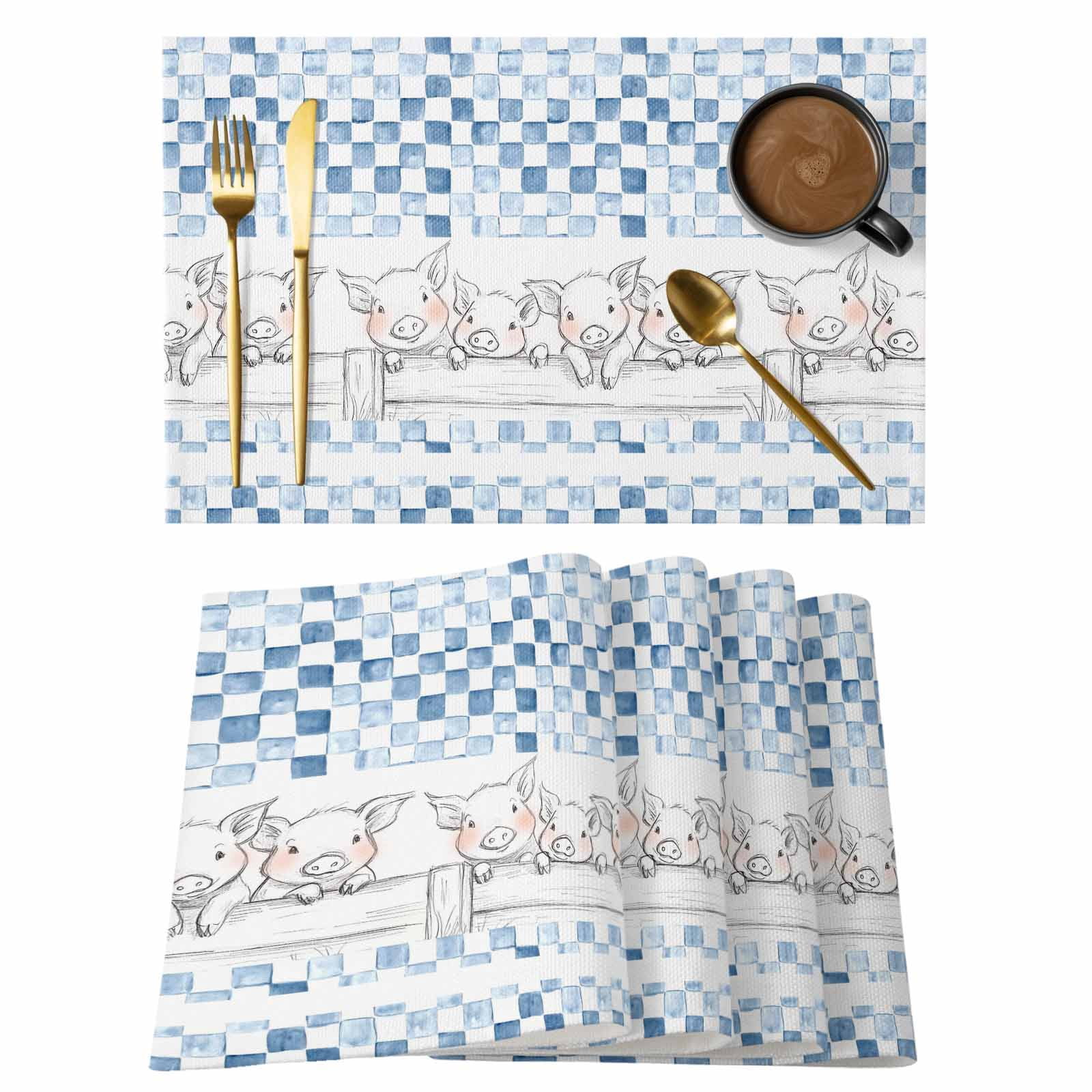 Blue Plaid Farmhouse Placemats Set of 12 Watercolor Cute Country Pigs ...