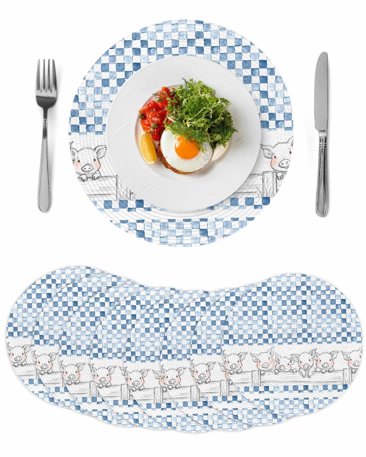 Blue Plaid Farmhouse Round 13 Inch Placemats Set of 8, Watercolor Cute ...