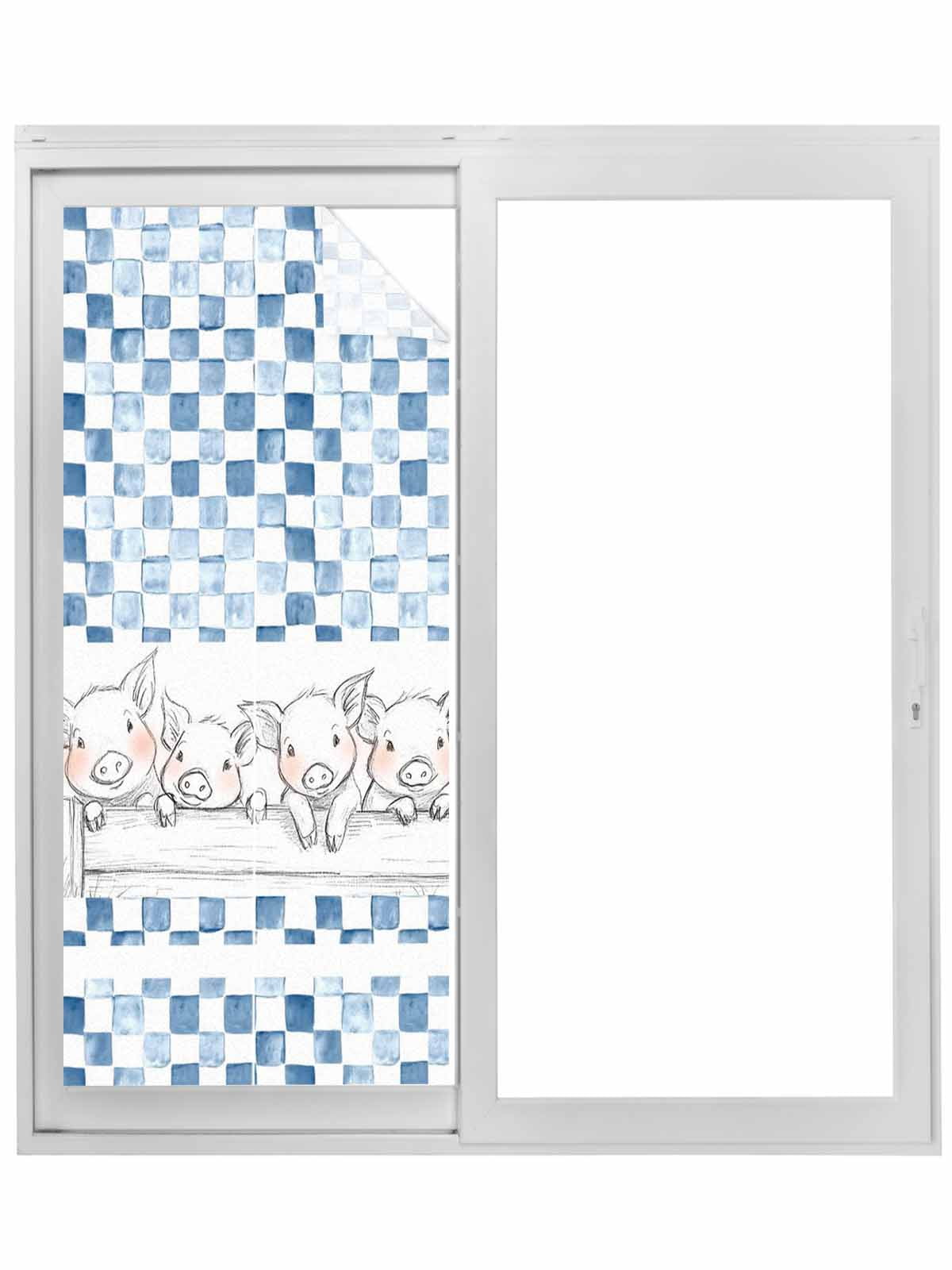 Blue Plaid Farmhouse Window Privacy Film, Watercolor Cute Country Pigs ...