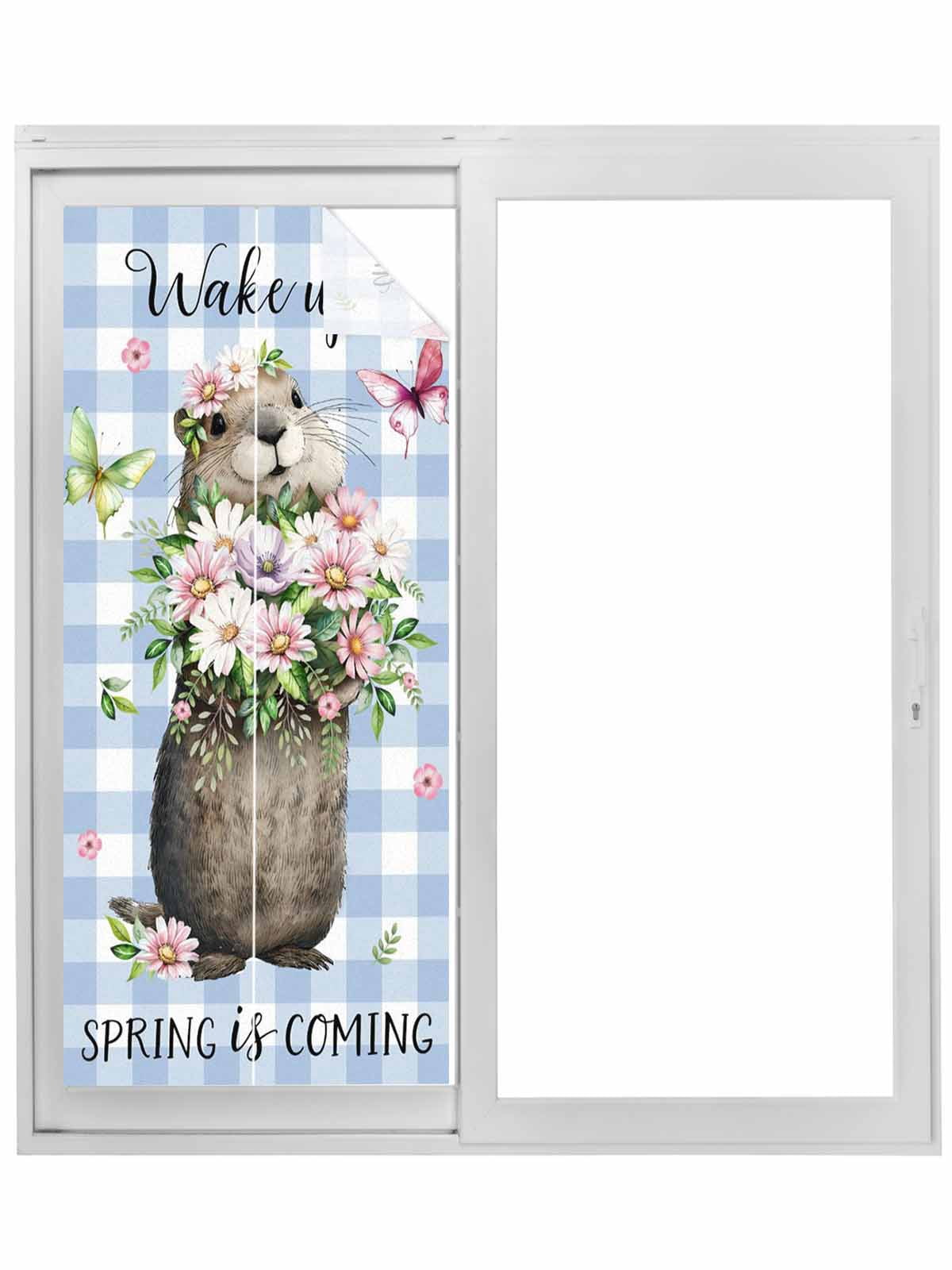 Blue Plaid Groundhog Window Privacy Film, Spring Floral Butterfly ...