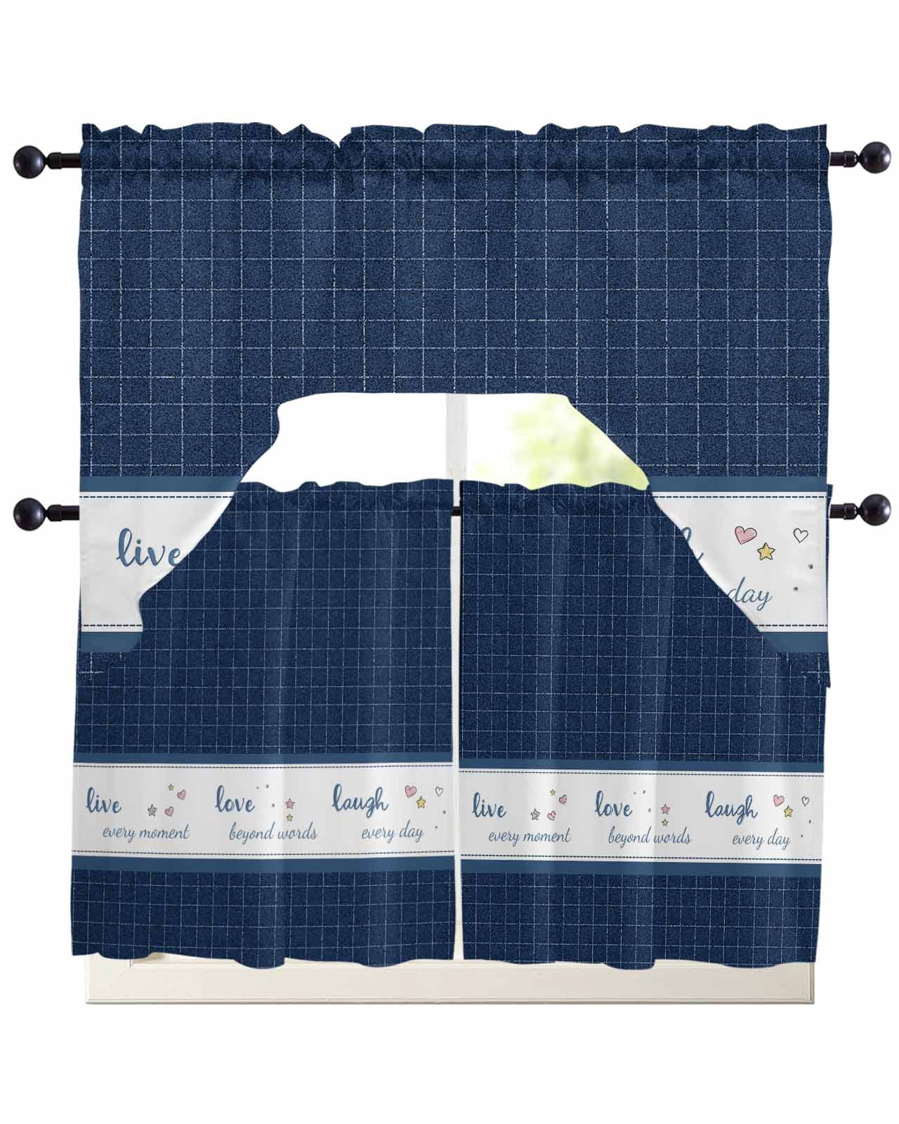 Blue Plaid Kitchen Curtains Sets 24 Inch Length with Valance, Country ...