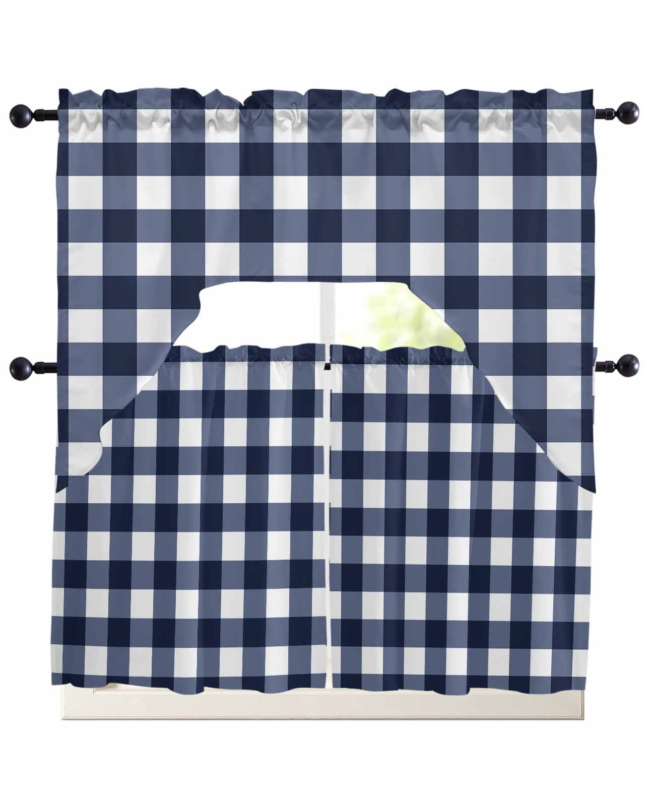 Blue Plaid Kitchen Curtains Sets 24 Inch Length with Valance, Modern ...