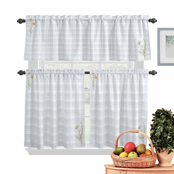 Blue Plaid Kitchen Curtains Valances 3 Piece Set, Watercolor Daisy ...