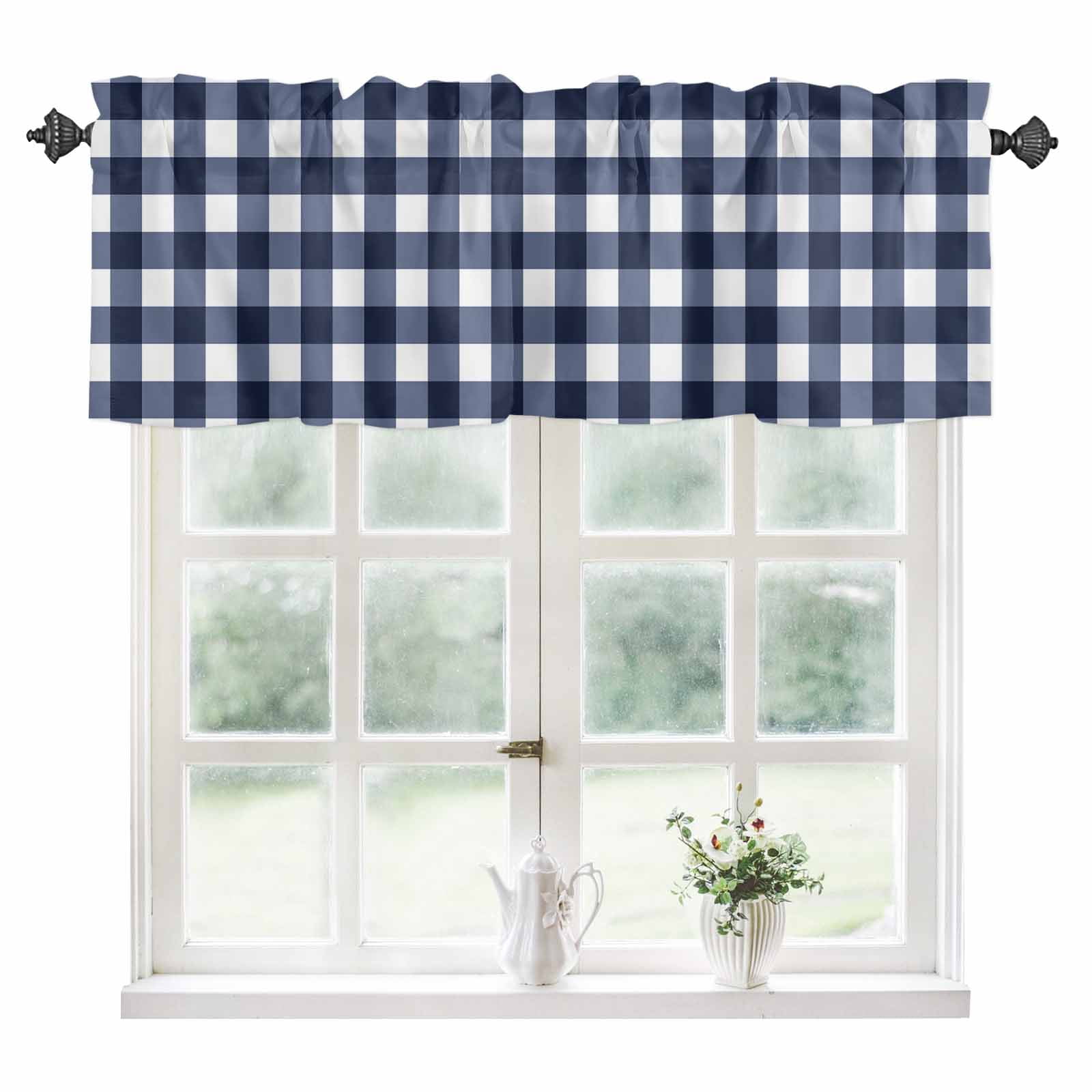 Blue Plaid Kitchen Valances for Windows 60x18 Inch Kitchen Curtains ...