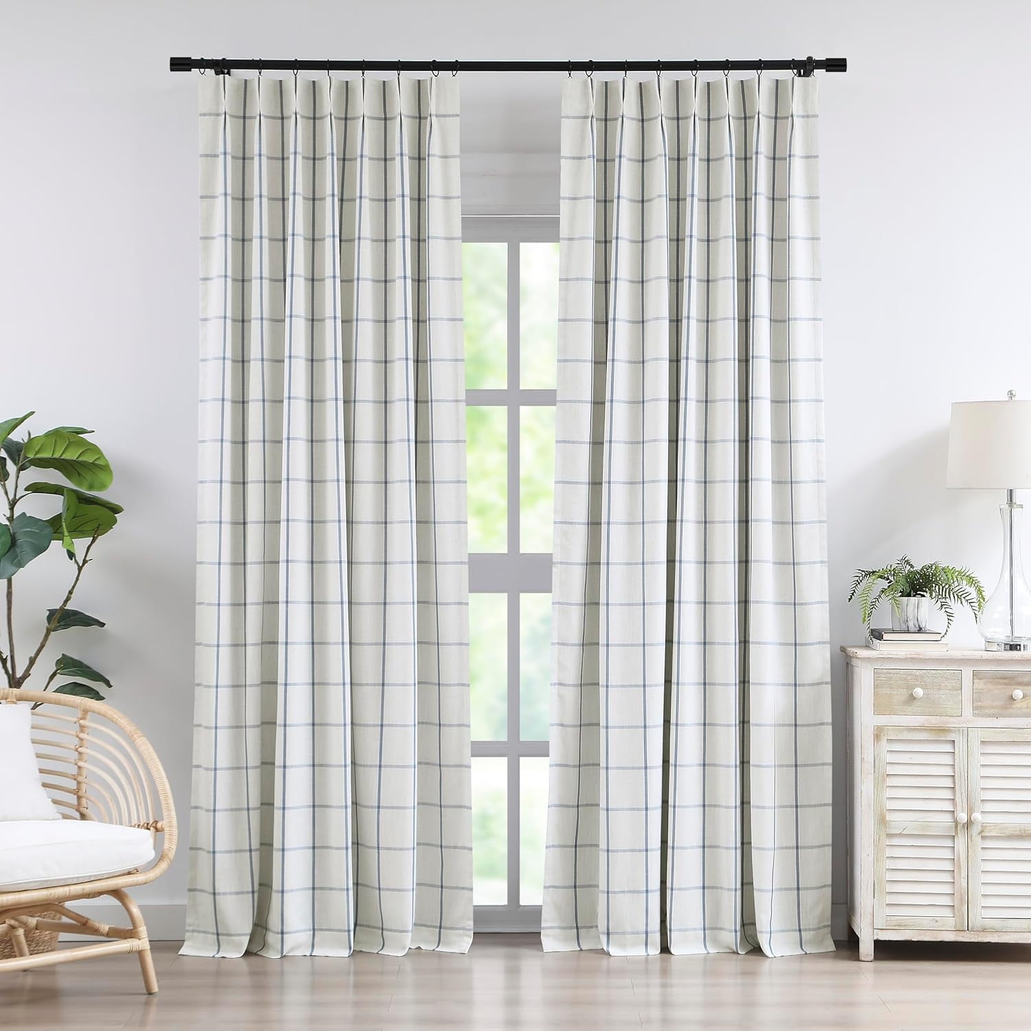 Blue Plaid Linen Pinch Pleated Full Blackout Curtains Checkered Thermal ...