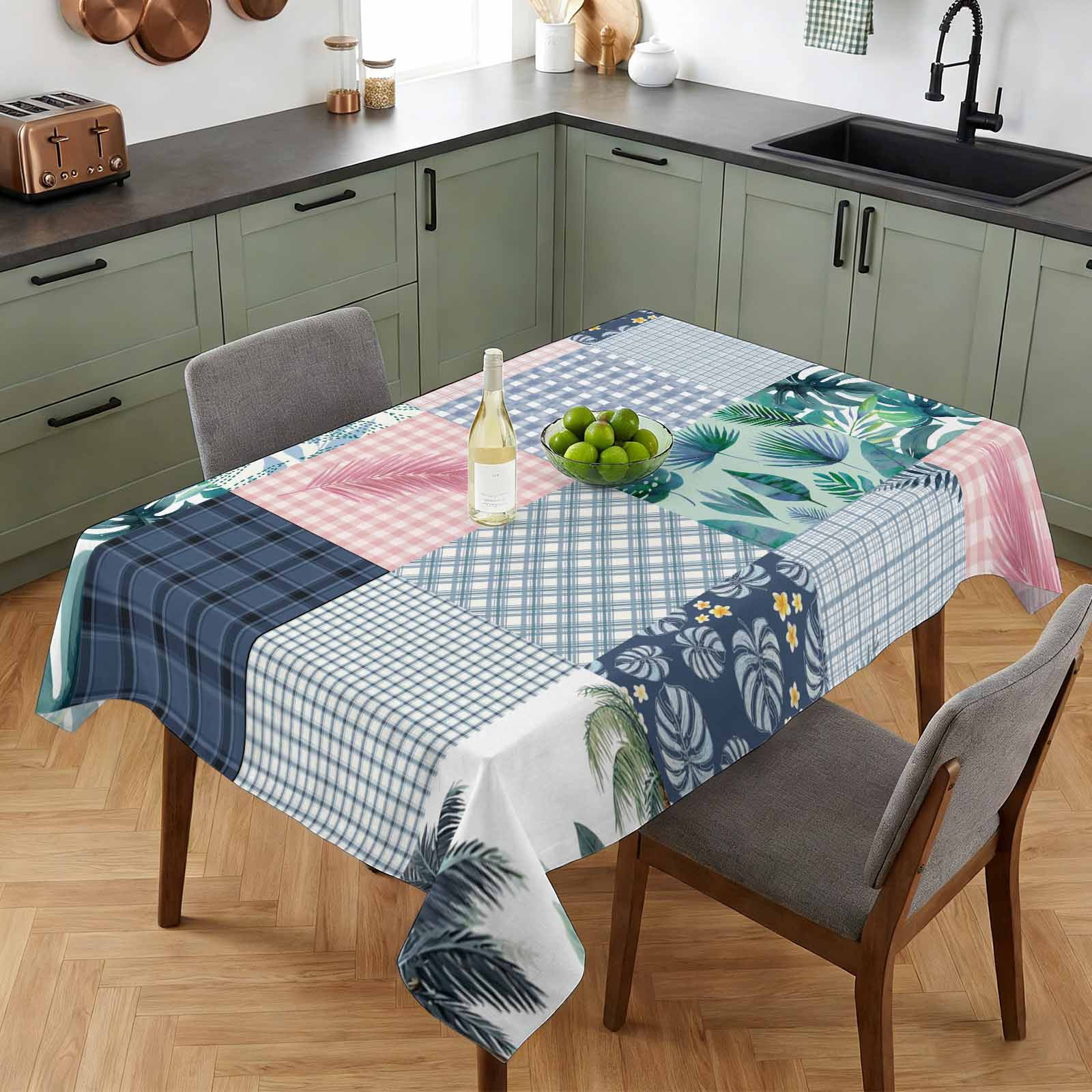 Blue Plaid Monstera Leaves Table Cloth 52x70in, Waterproof Rectangle ...