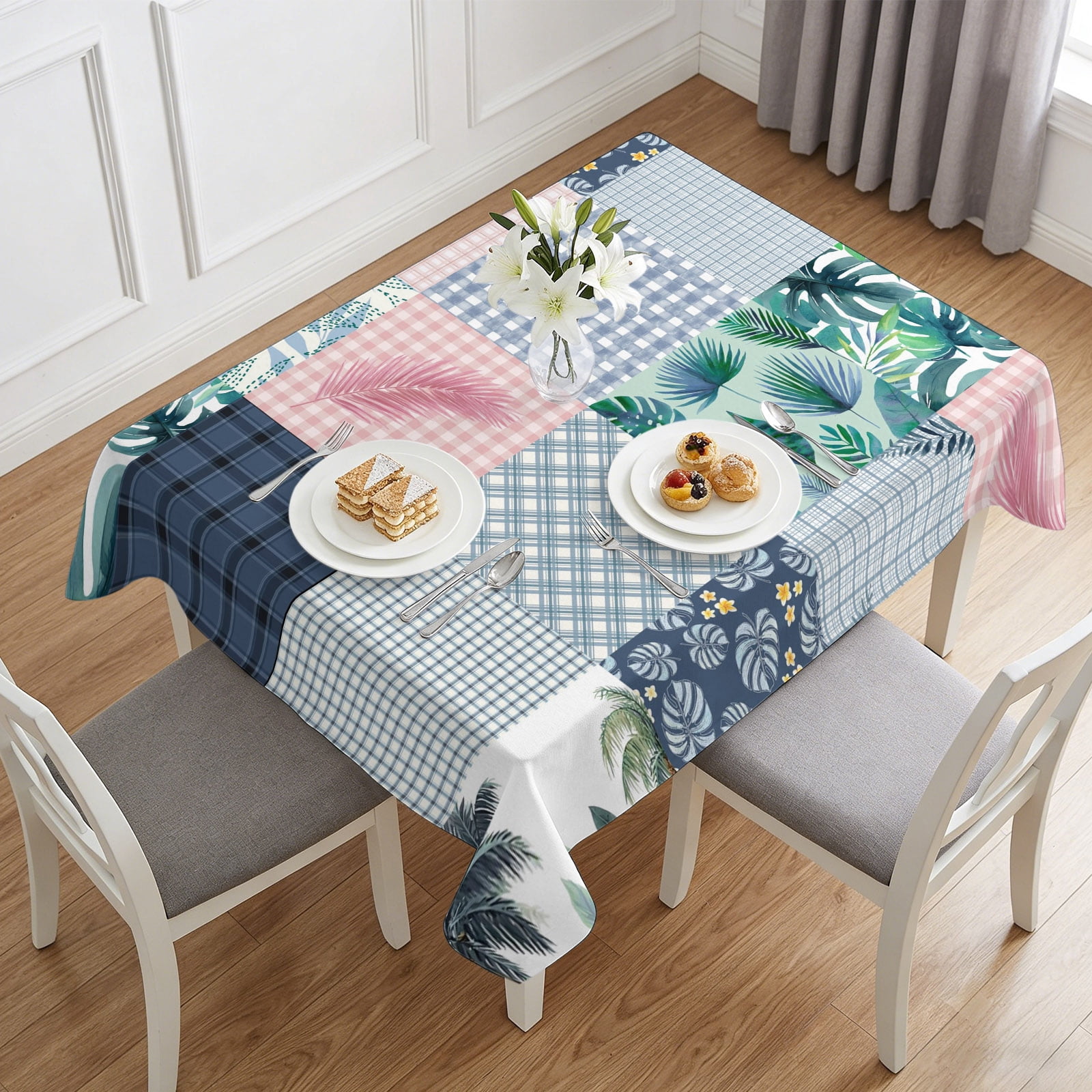 Blue Plaid Monstera Leaves Table Cloth 60x84in, Waterproof Rectangle ...
