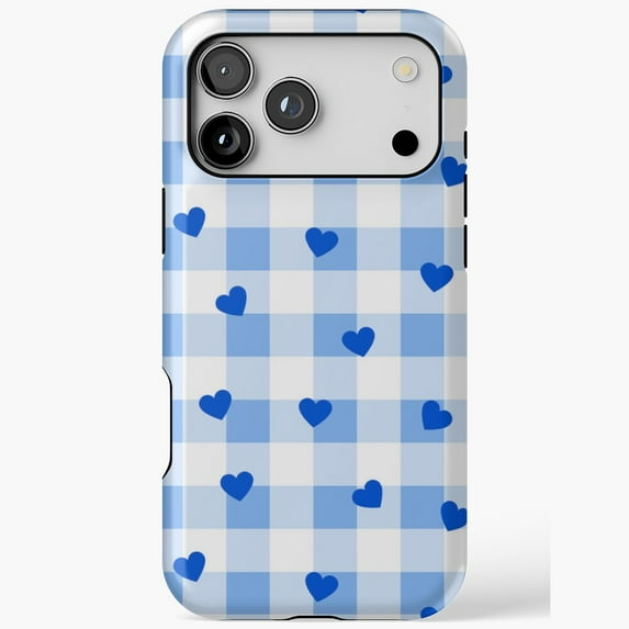 Blue Plaid Pattern With Hearts Art iPhone Case 11 to 17 Pro Max ...