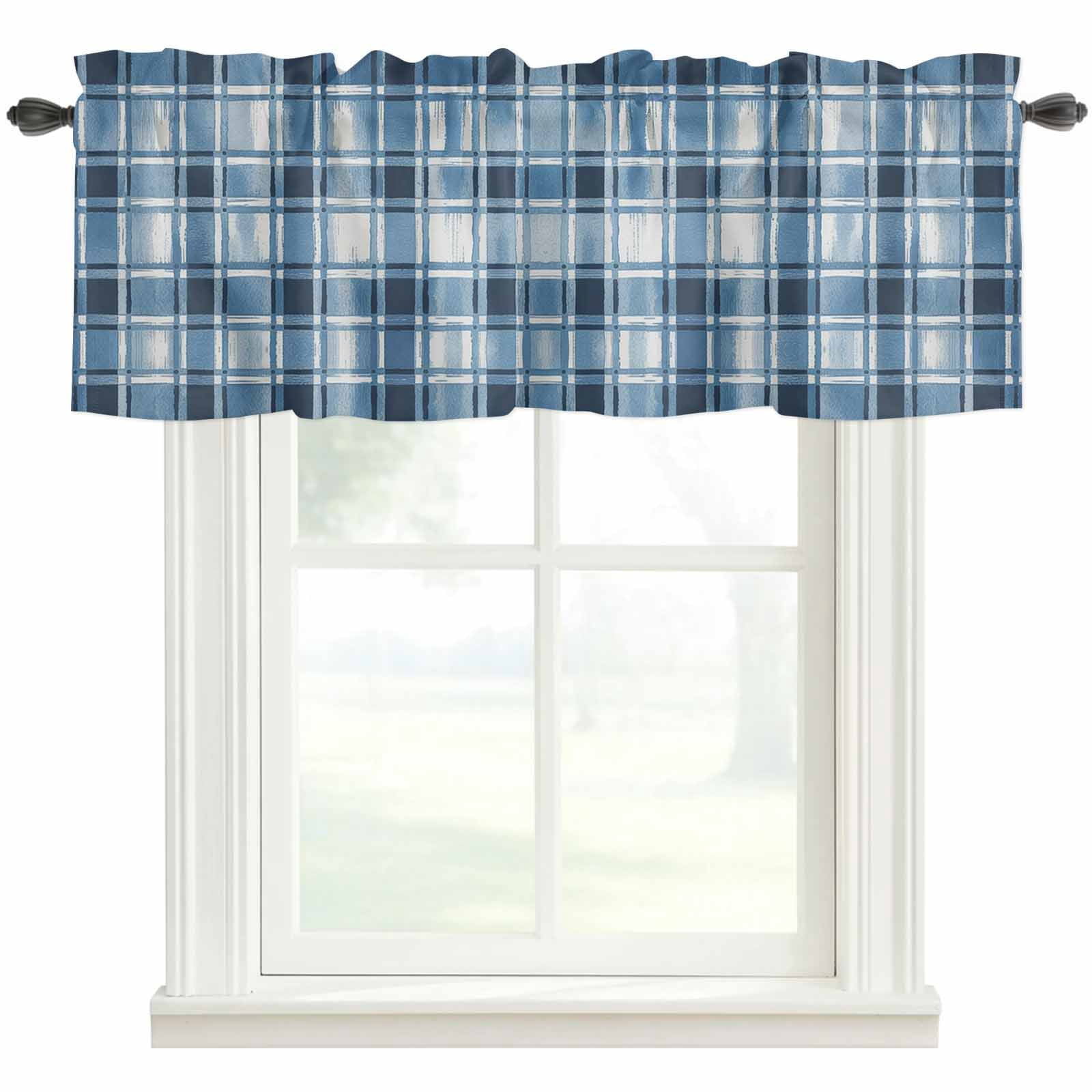 Blue Plaid Rod Pocket Curtain Valance, Modern Simple Watercolor Buffalo ...