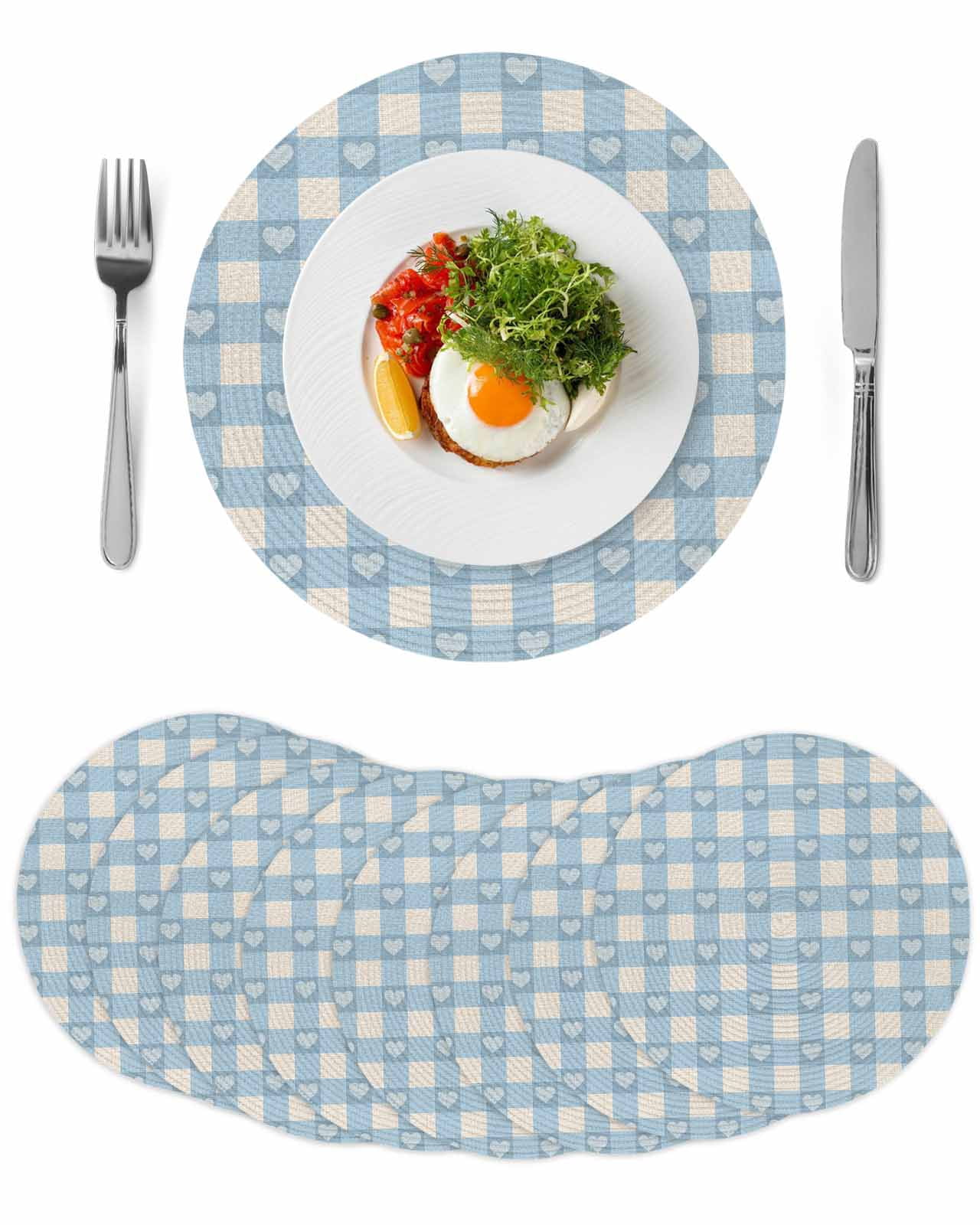 Blue Plaid Round 15 Inch Placemats Set of 8, Country Cute Love Pastoral ...