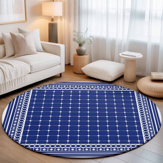 Blue Plaid Round Living Room Rugs 3.3 ft, Country Rustic Farmhouse ...