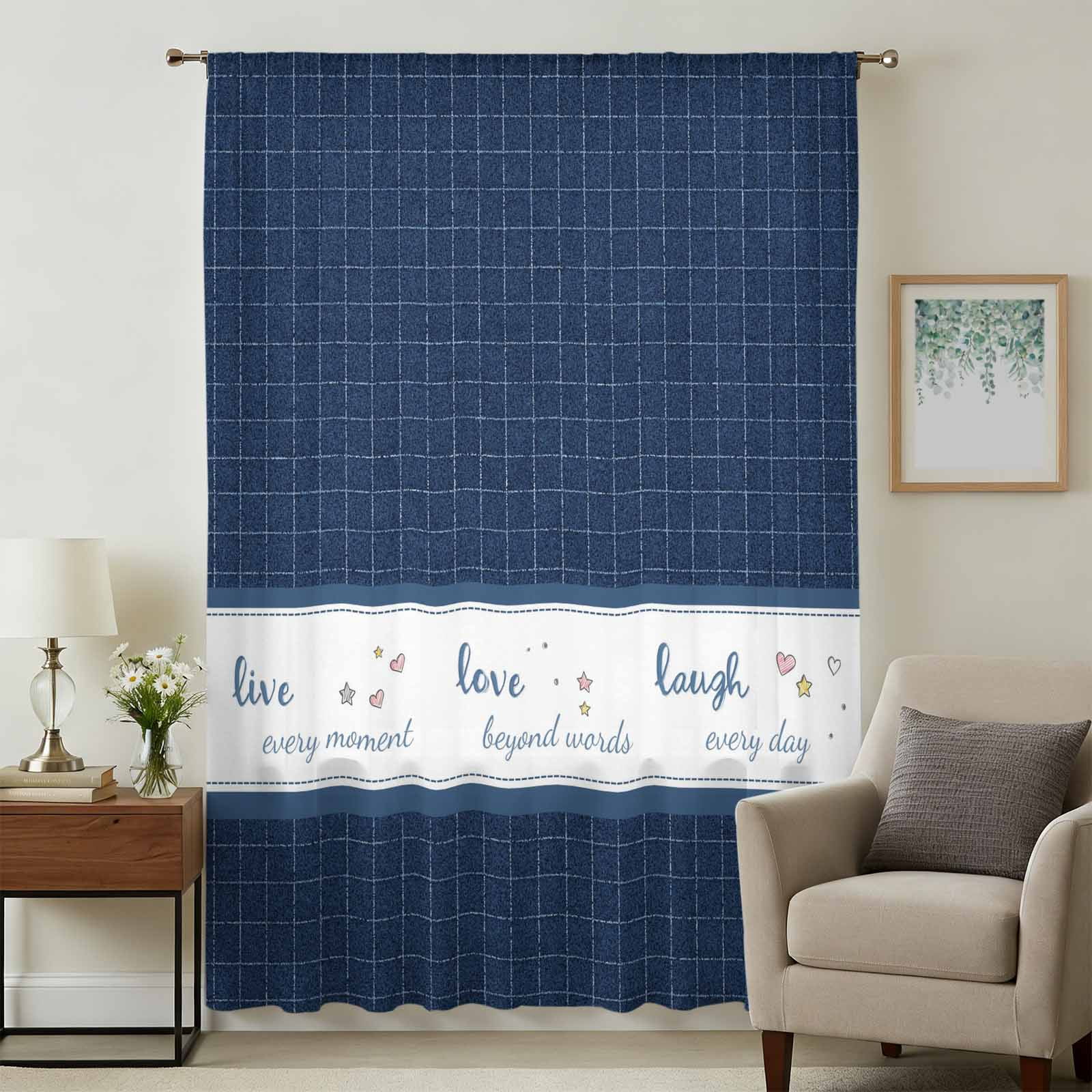 Blue Plaid Sheer Curtains 45 Inches Long, Country Live Love Laugh Text ...
