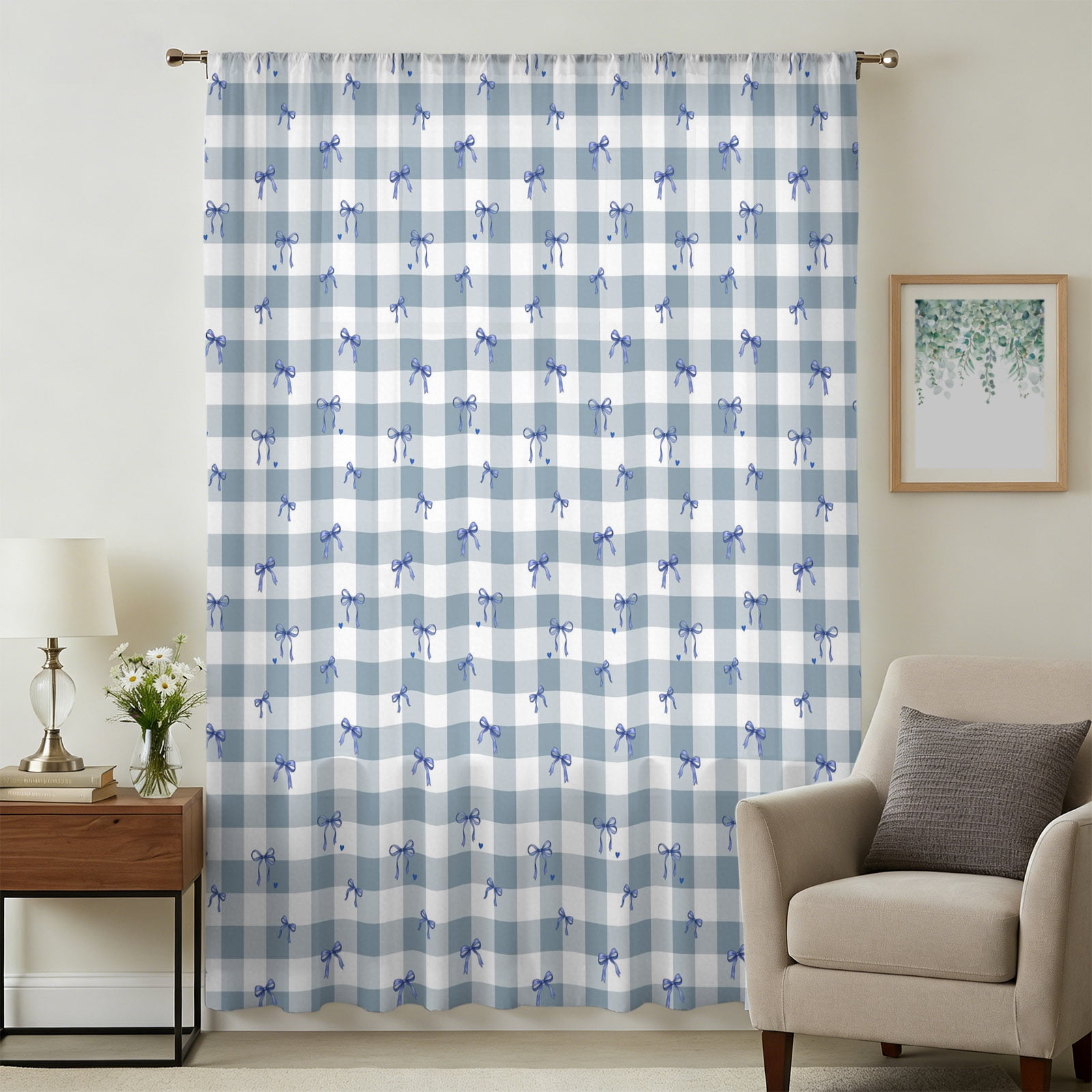 Blue Plaid Sheer Curtains 84 Inches Long for Living Room, Farmhouse ...