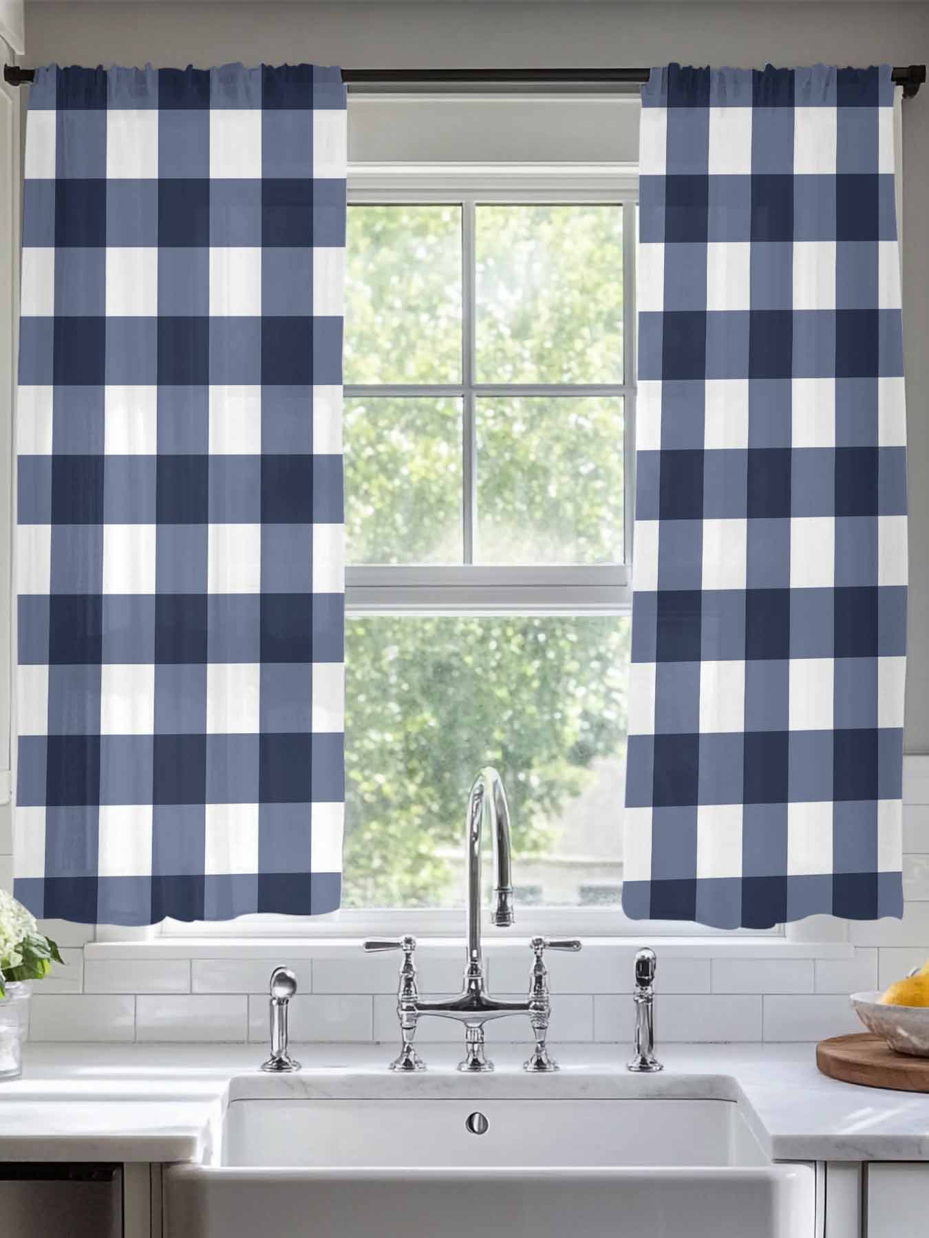 Blue Plaid Sheer Curtains for Living Room Bedroom Modern Simple ...