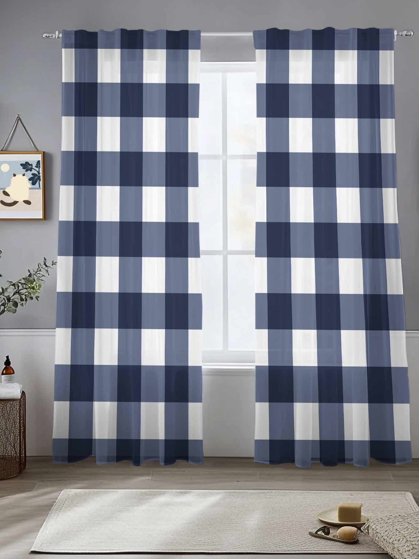 Blue Plaid Sheer Curtains for Living Room Bedroom Modern Simple ...