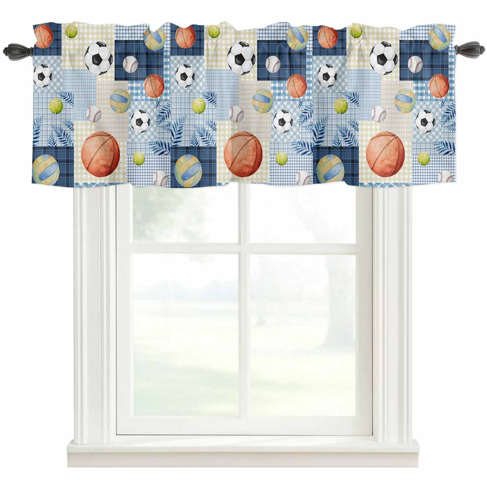 Blue Plaid Sports Valances for Windows Farmhouse Kitchen Curtains ...