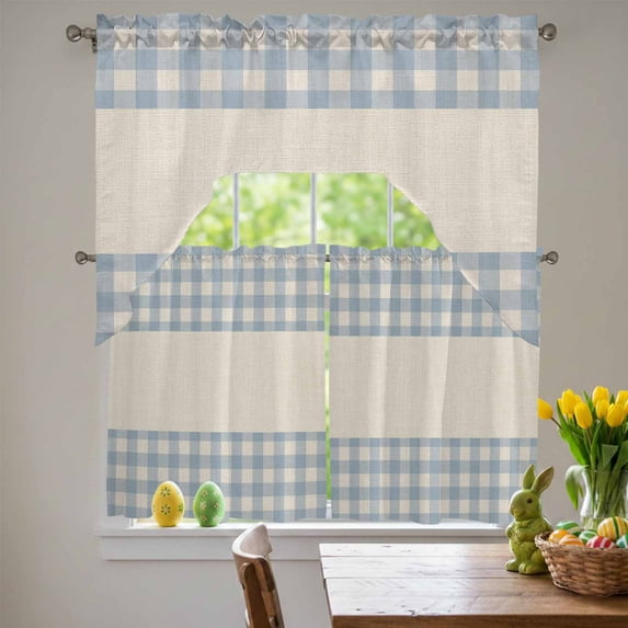 Blue Plaid Swag Curtains Valance & Tier Set, Retro Country Blue Plaid ...