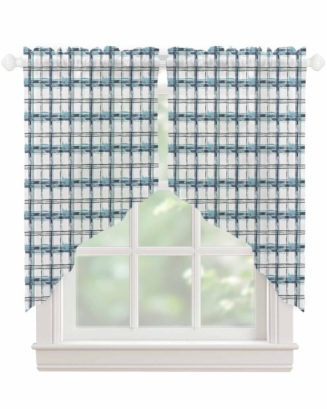 Blue Plaid Swag Valances for Windows, Watercolor Checkered Blue Ombre ...