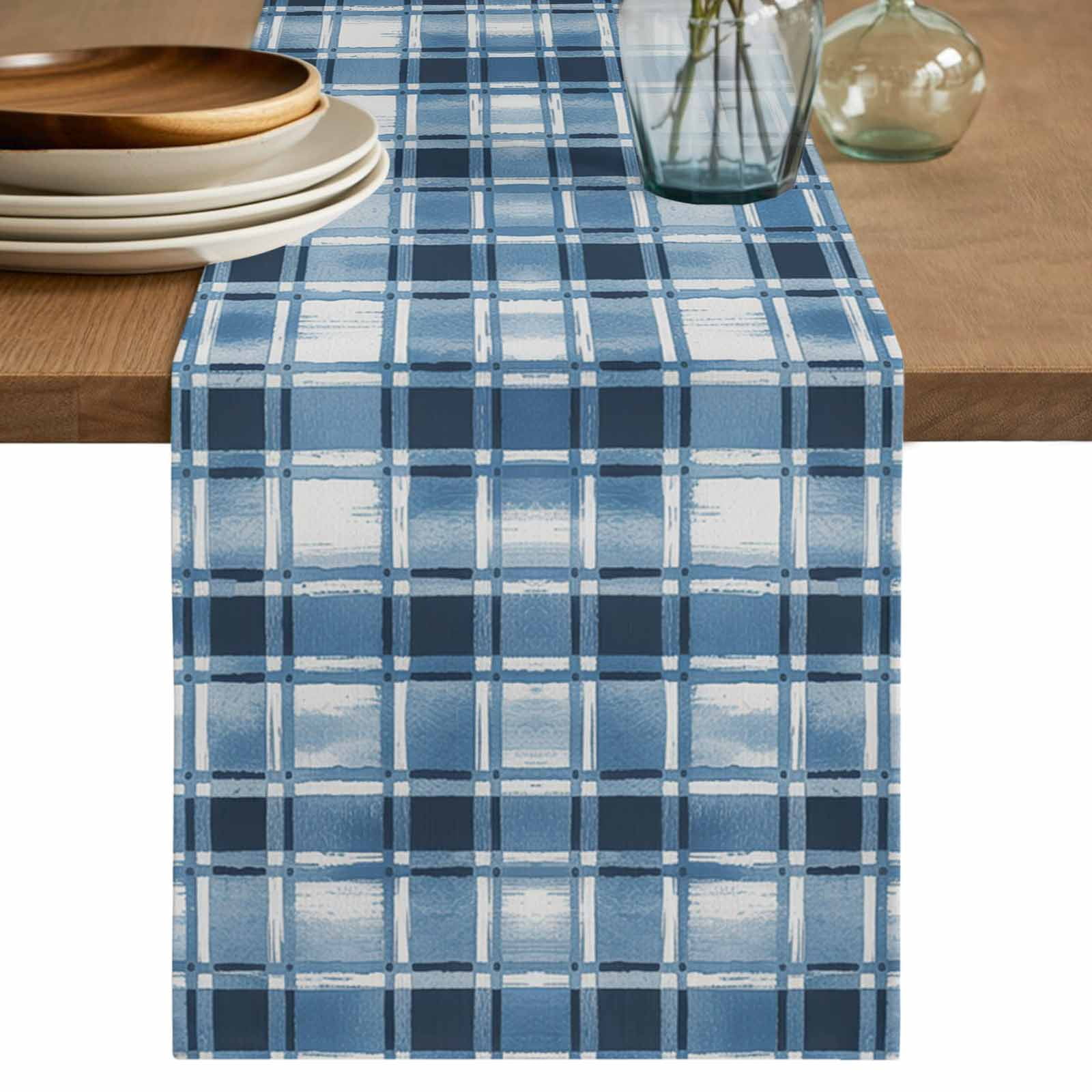 Blue Plaid Table Runner 72 Inches, Modern Simple Watercolor Buffalo ...