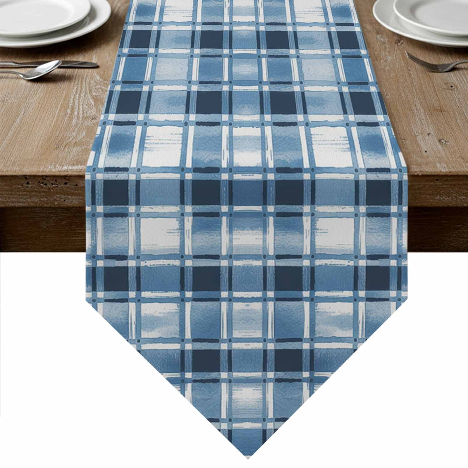 Blue Plaid Table Runner Linen Burlap Table Runner 72 Inches Long Modern ...
