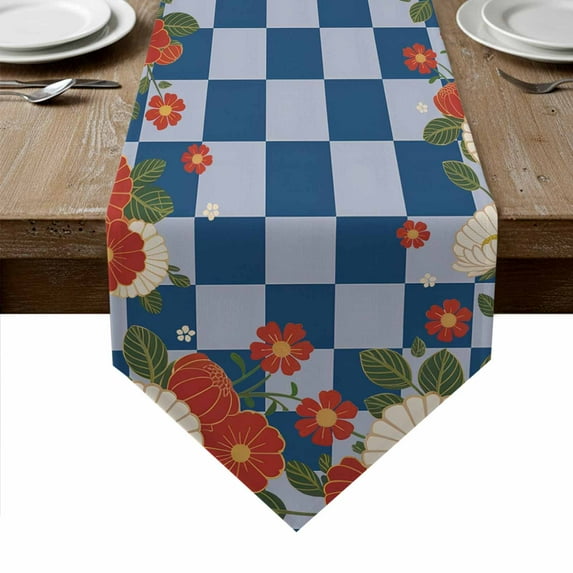 Blue Plaid Table Runner Linen Burlap Table Runner 90 Inches Long ...